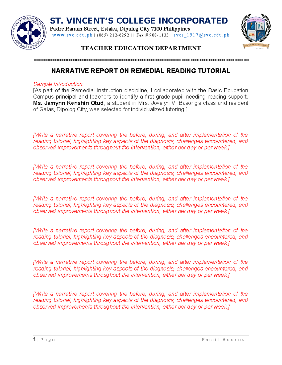 Narrative Report Remedial Reading Tutorial Template - Padre Ramon ...