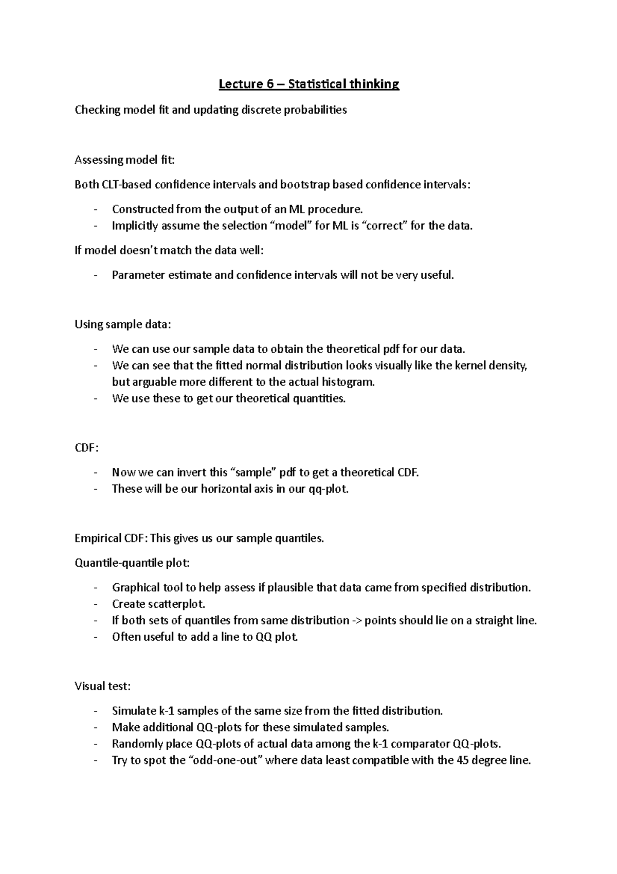 Lecture 6 Statistical Thinking Lecture 6 Statistical Thinking Checking Model Fit And 1222