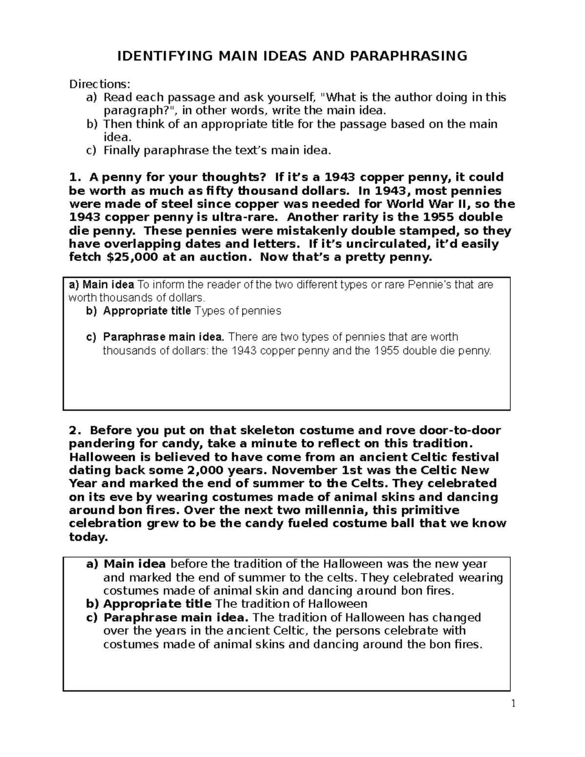Activity 3 - lol - IDENTIFYING MAIN IDEAS AND PARAPHRASING Directions ...