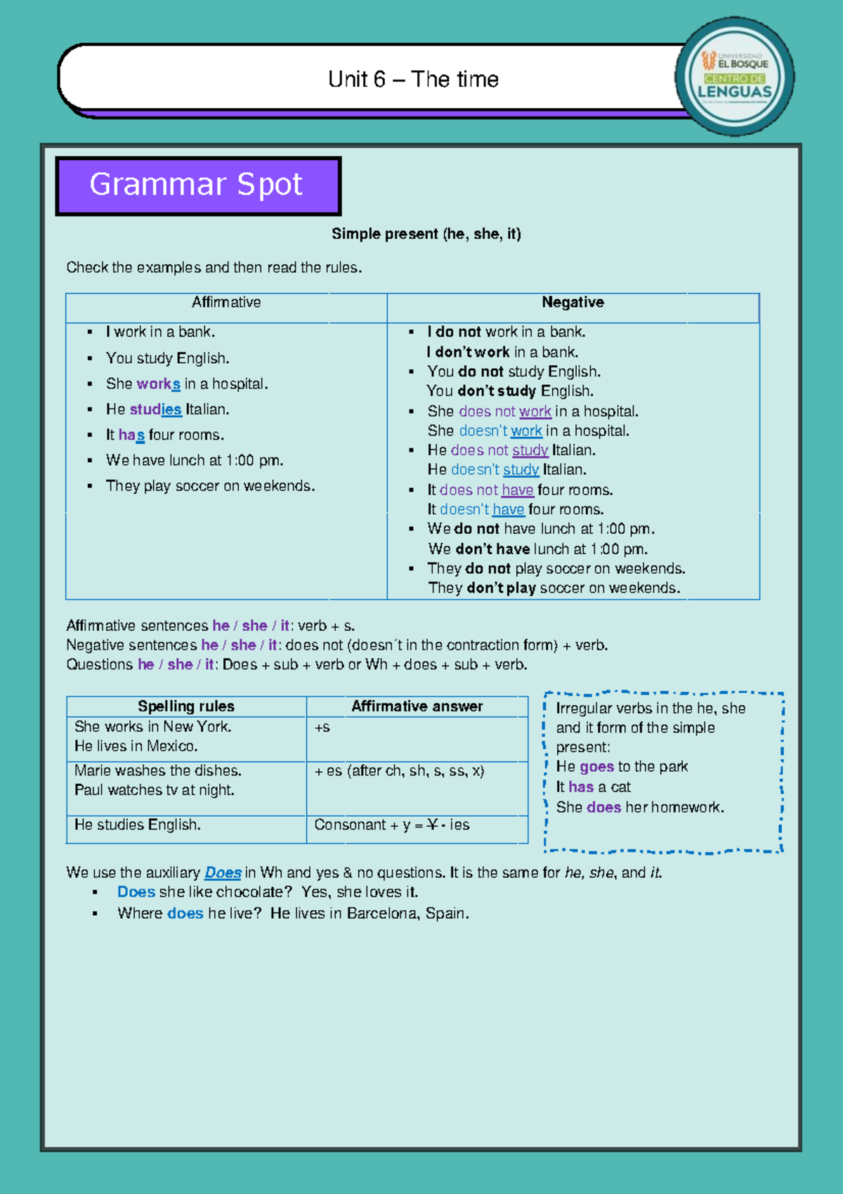 Grammar Bank dA1 - Unit 6 2 - Unit 6 – The time Grammar Spot Simple ...