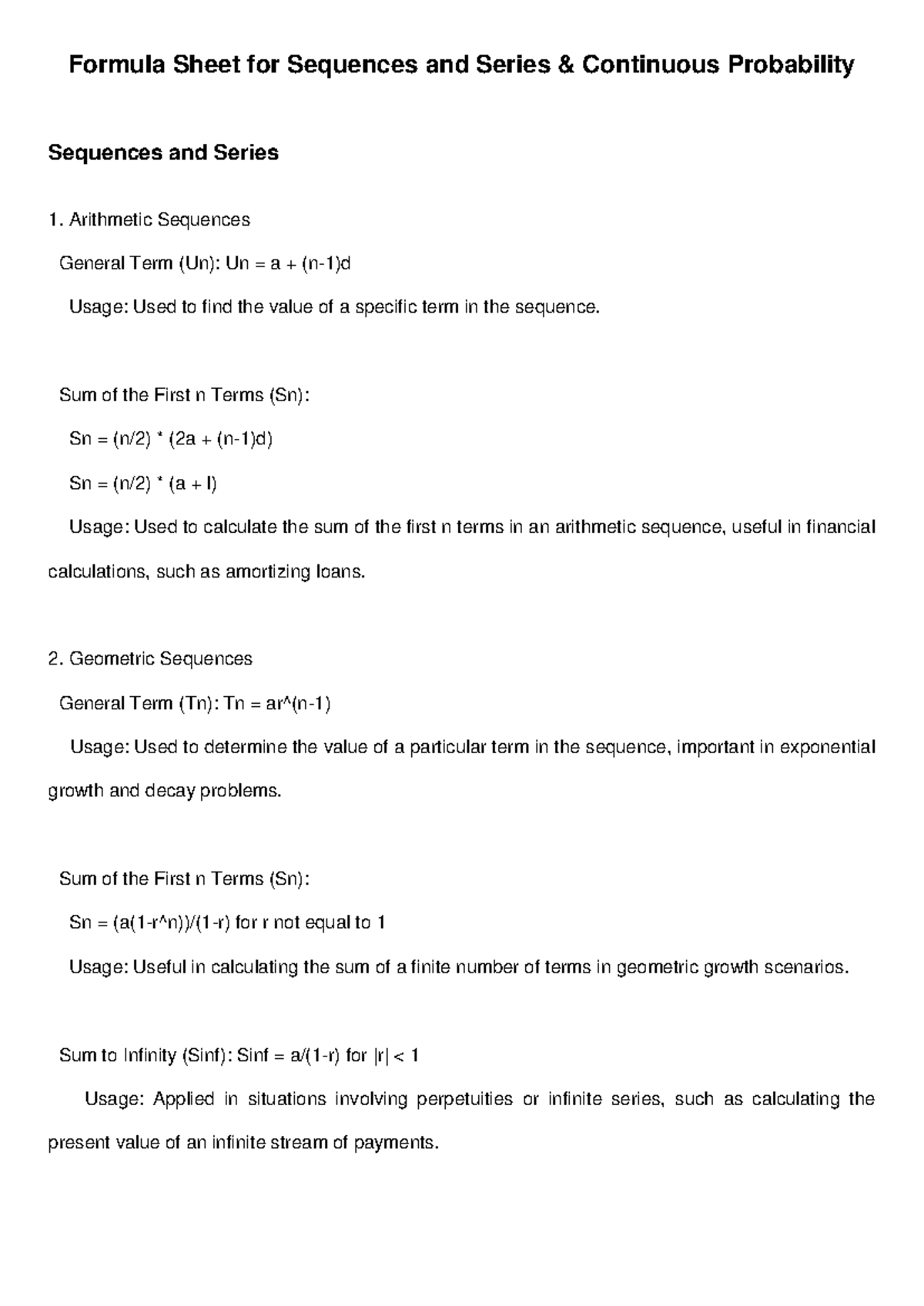 Formula Sheet Sequences Series Continuous Probability - Formula Sheet ...