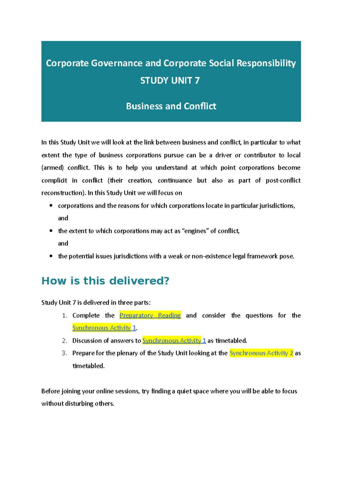 7. Business and Conflict Worksheet - Corporate Governance and Corporate ...