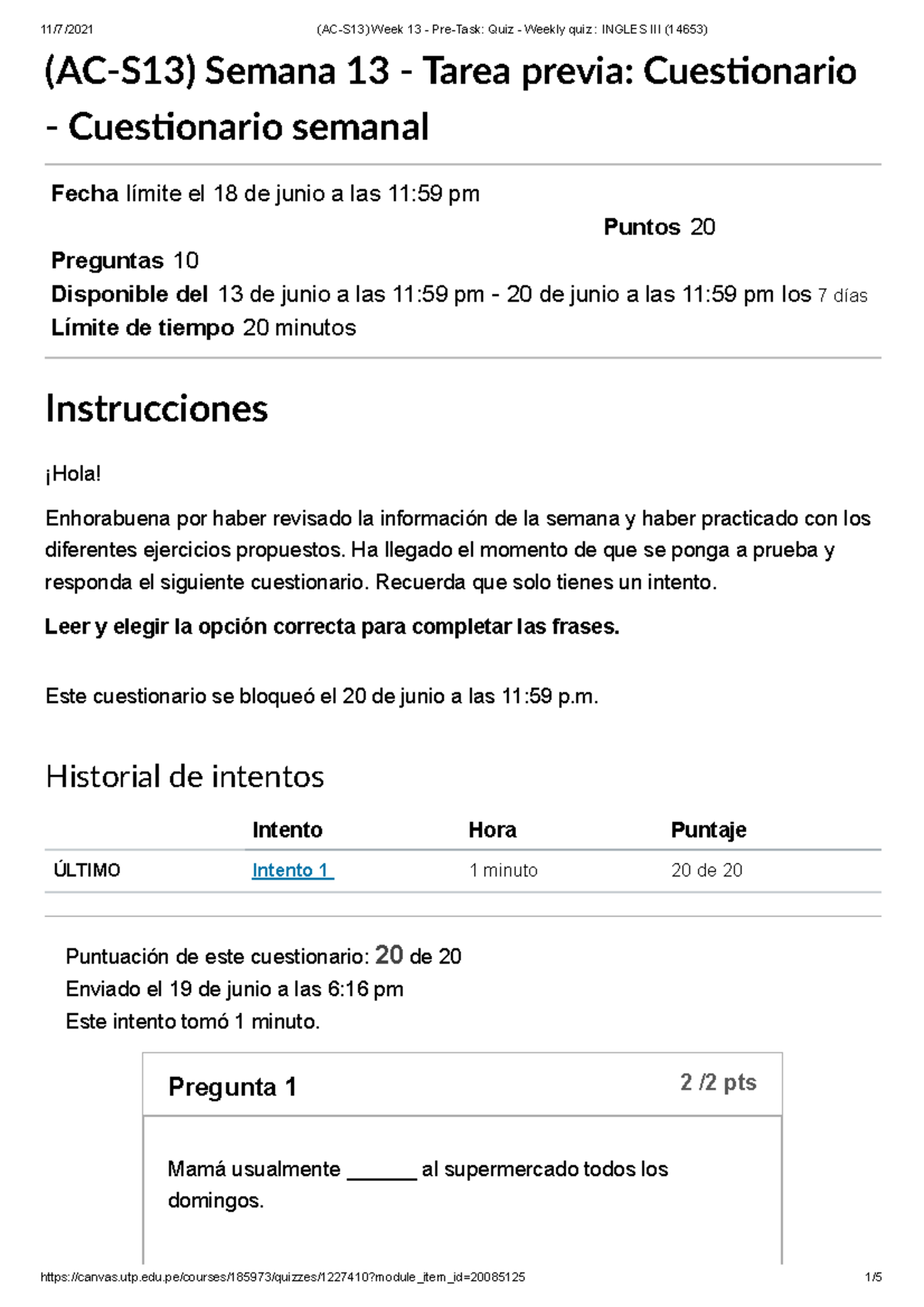 522876864 AC S13 Week 13 Pre Task Quiz Weekly Quiz Ingles III 14653 - (AC-S13) Semana 13 - Tarea ...