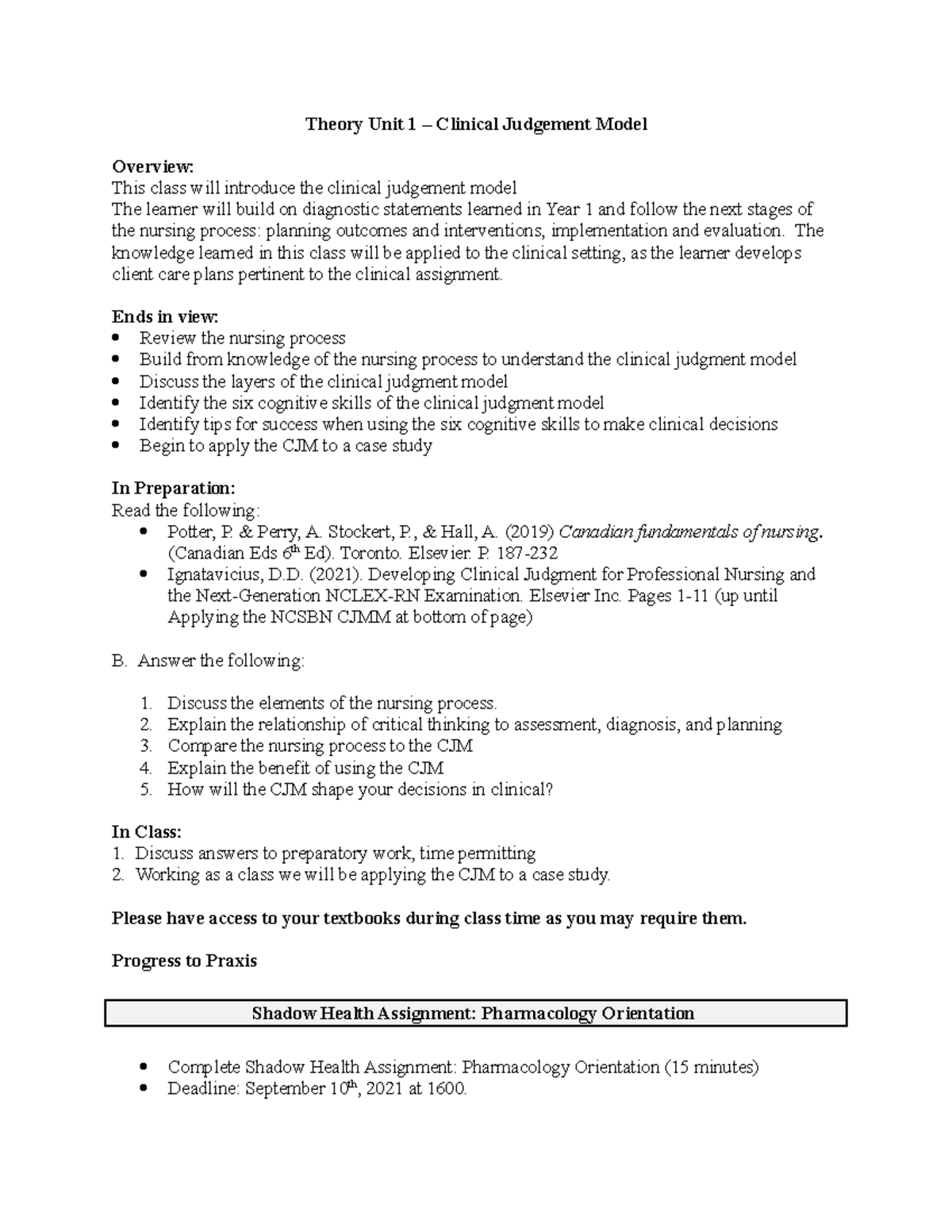 Unit 1 Critical Judgement model - Theory Unit 1 – Clinical Judgement ...