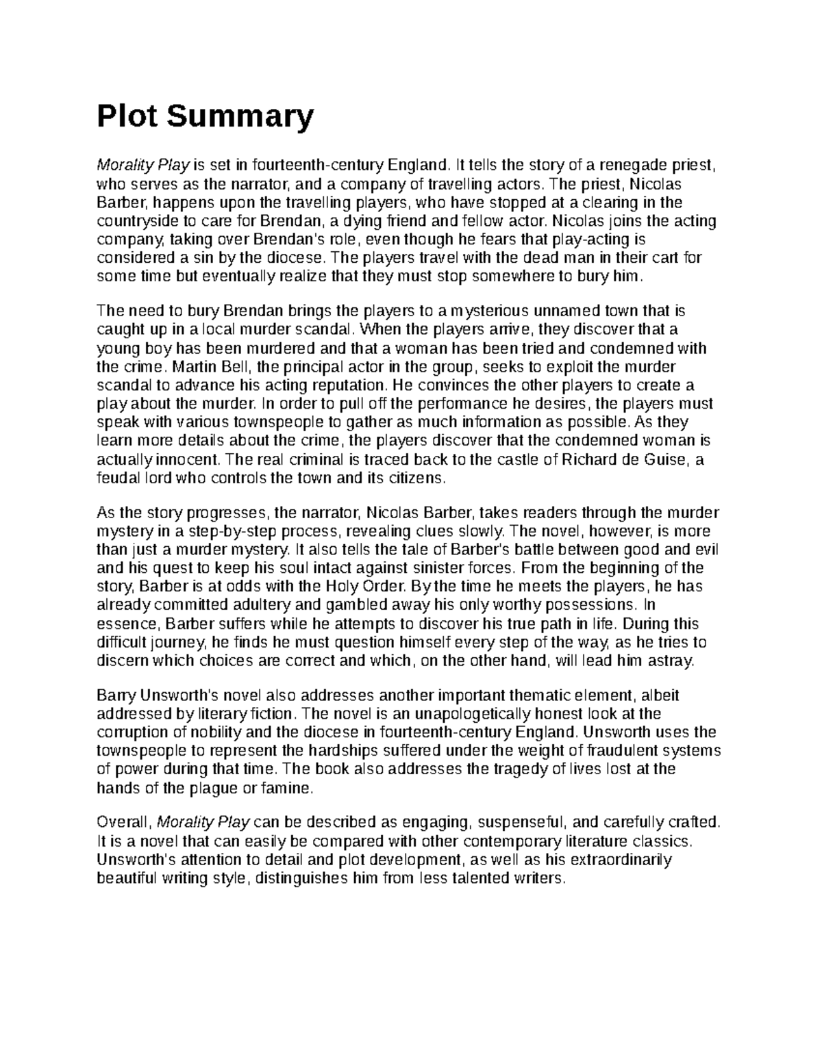 Plot Summary of morality-play - Plot Summary Morality Play is set in ...