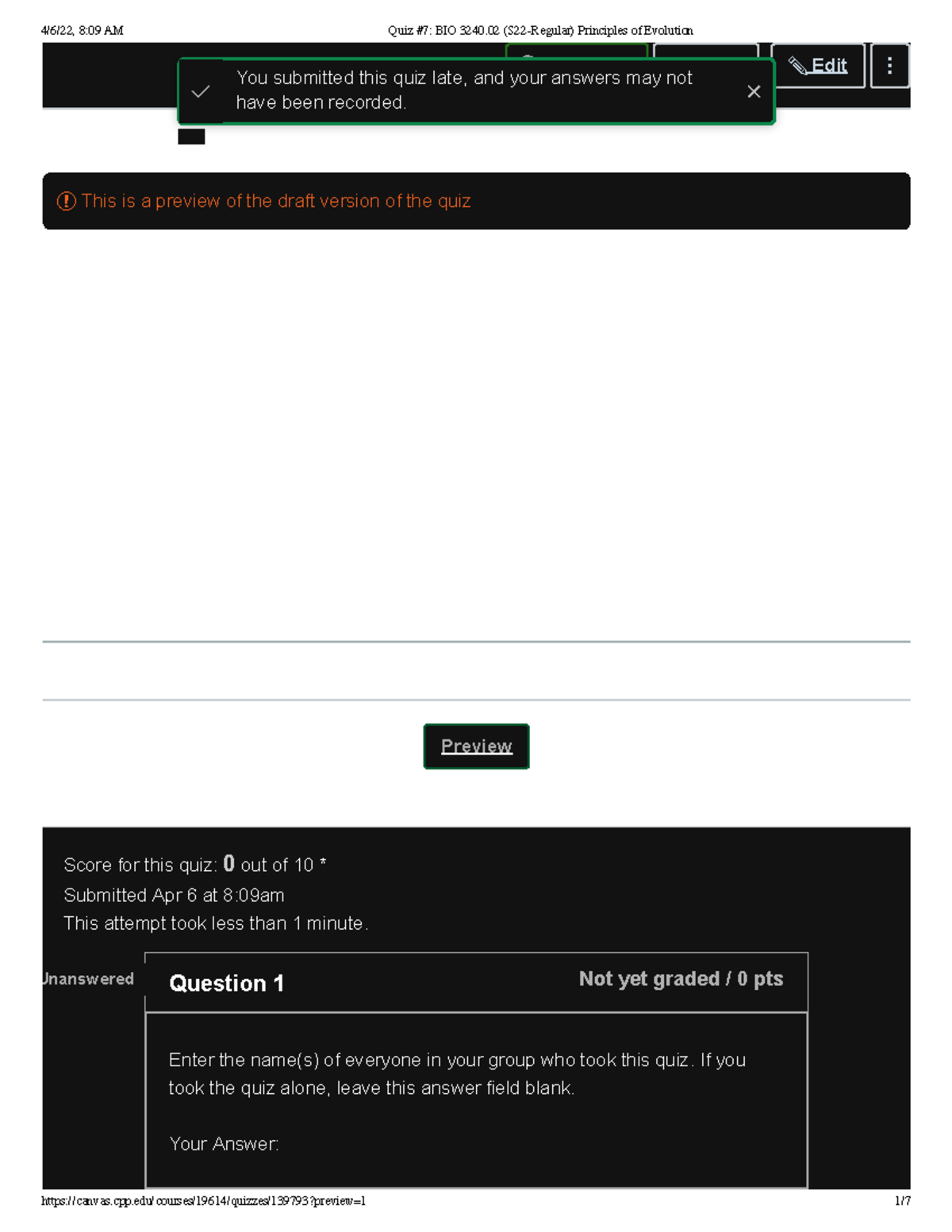 Quiz #7 BIO 3240.02 (S22-Regular) Principles of Evolution - Quiz Type ...