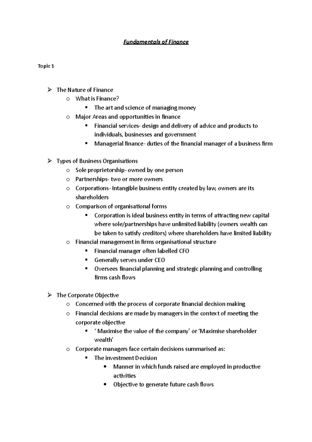 Fundamentals of Finance Lecture Notes - Fundamentals of Finance Topic 1 ...