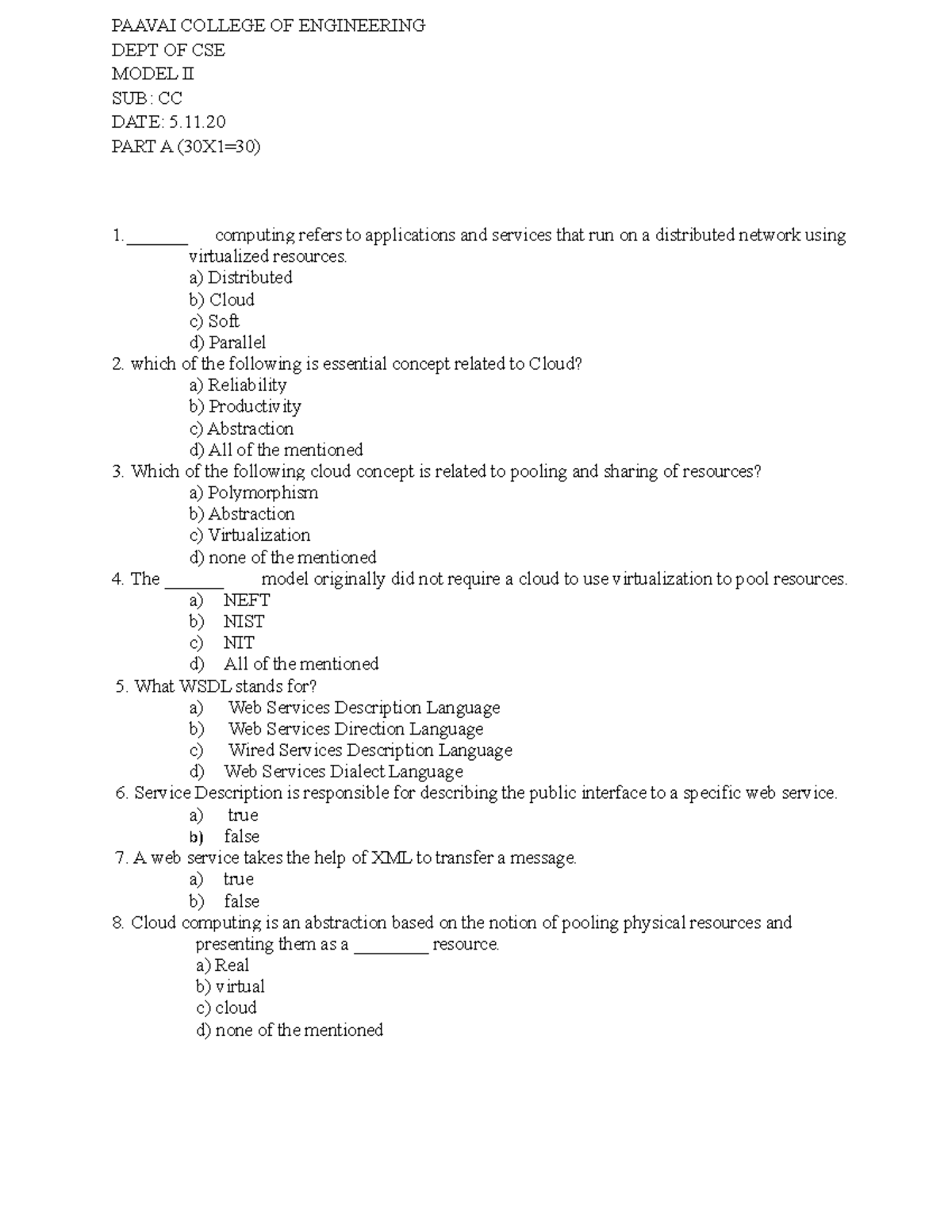 Cc mcq model 2 - MCQ test - PAAVAI COLLEGE OF ENGINEERING DEPT OF CSE ...