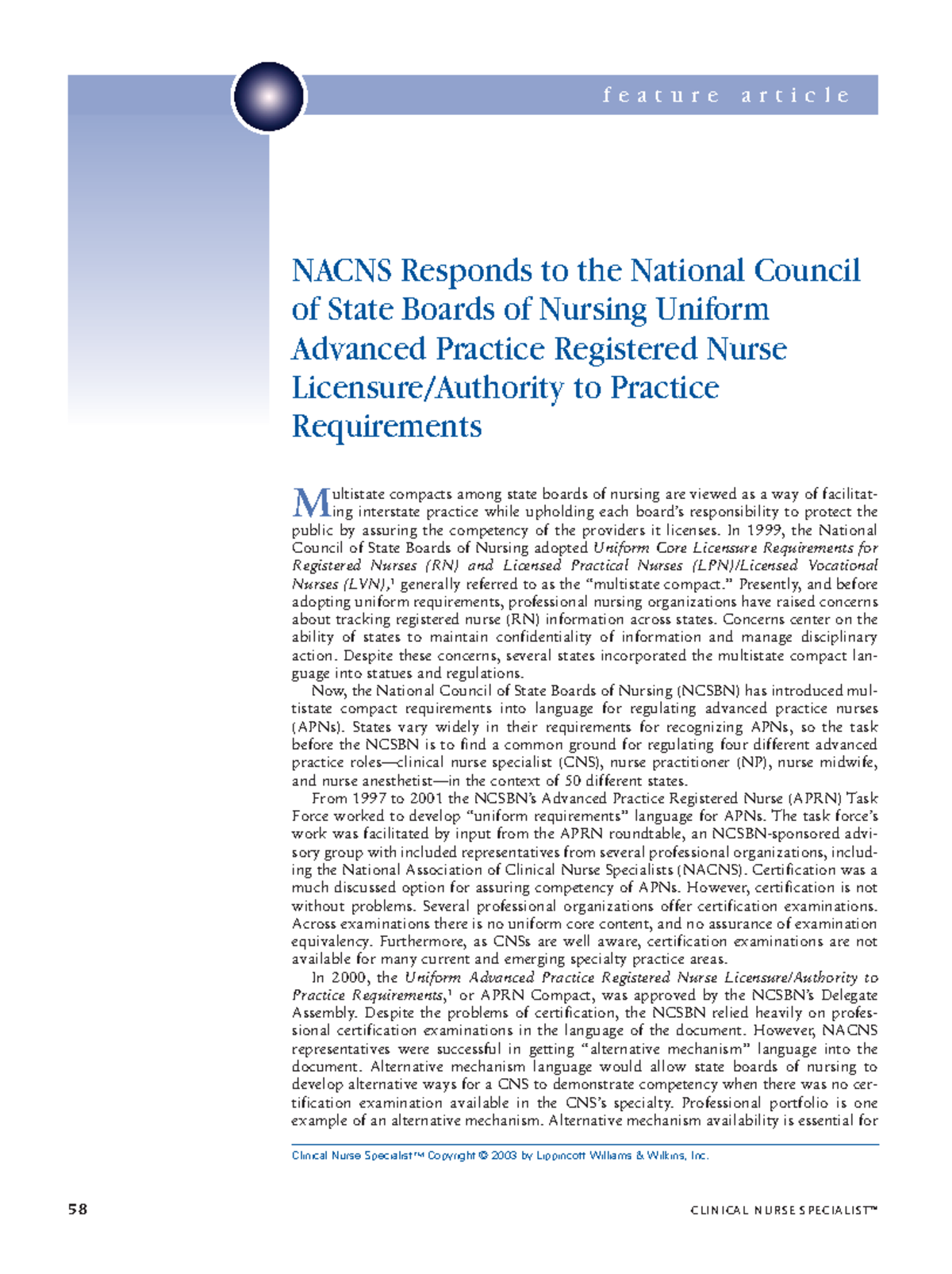 Nacns Responds to the National Council o - 58 C LI N I CA L N U R S E S ...