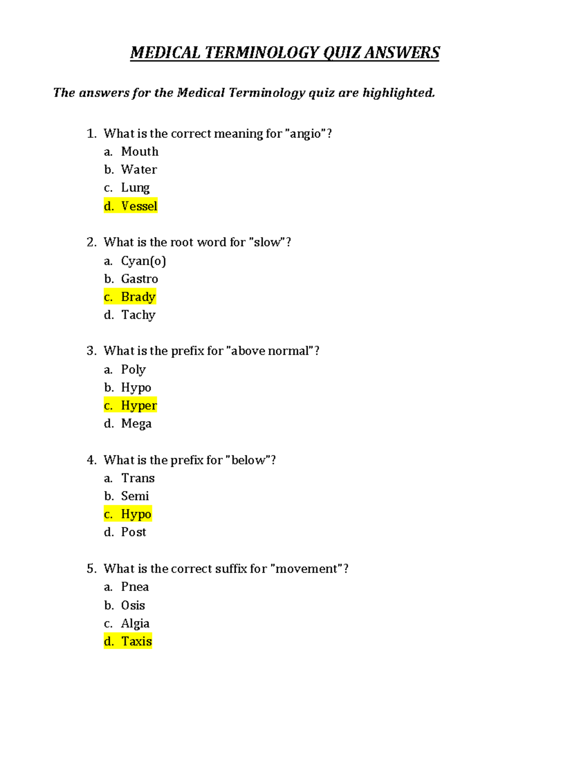 Medical Terminology Quiz Answers - MEDICAL TERMINOLOGY QUIZ ANSWERS The ...