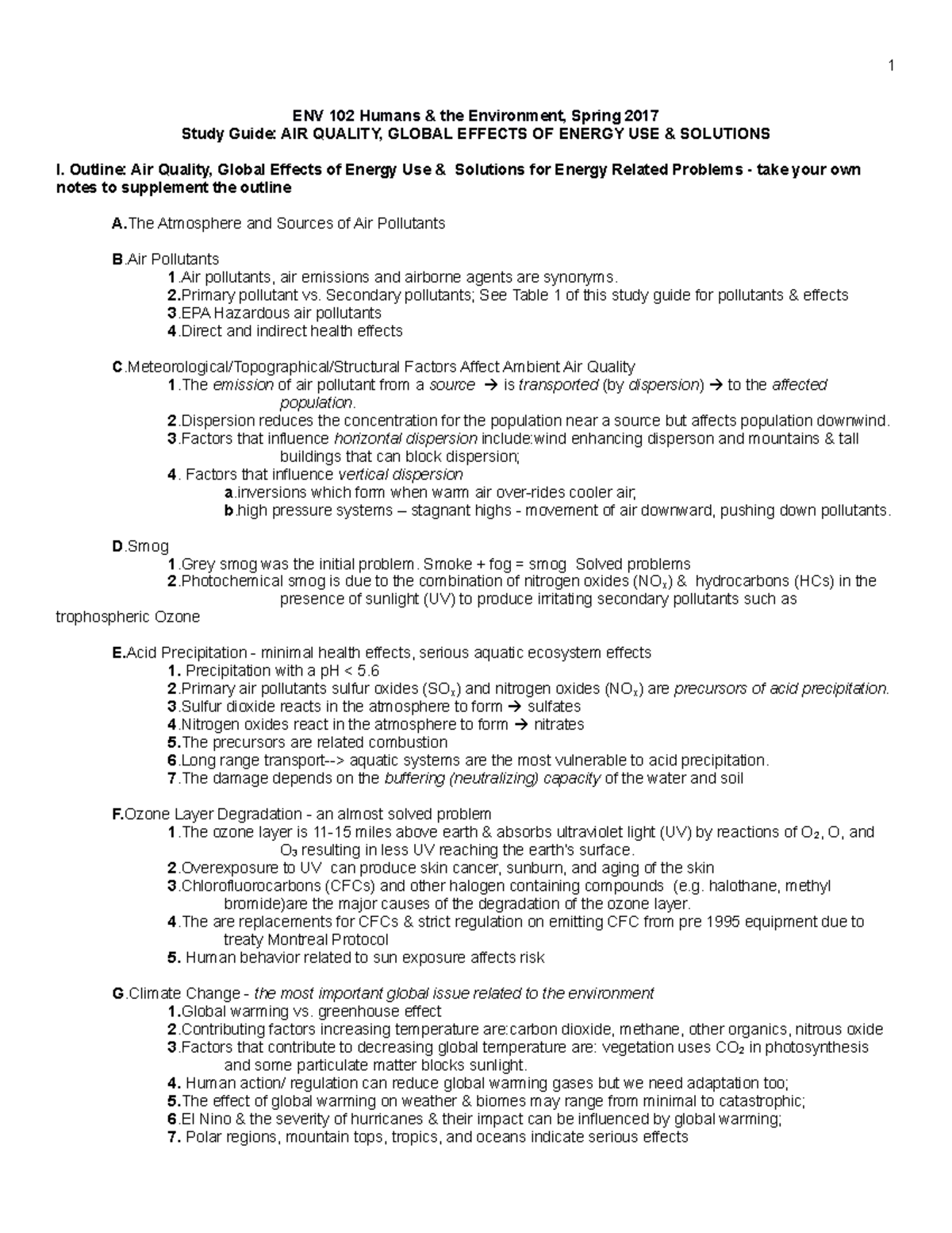 Study Guide-Air Quality - ENV 102 Humans & the Environment, Spring 2017 ...