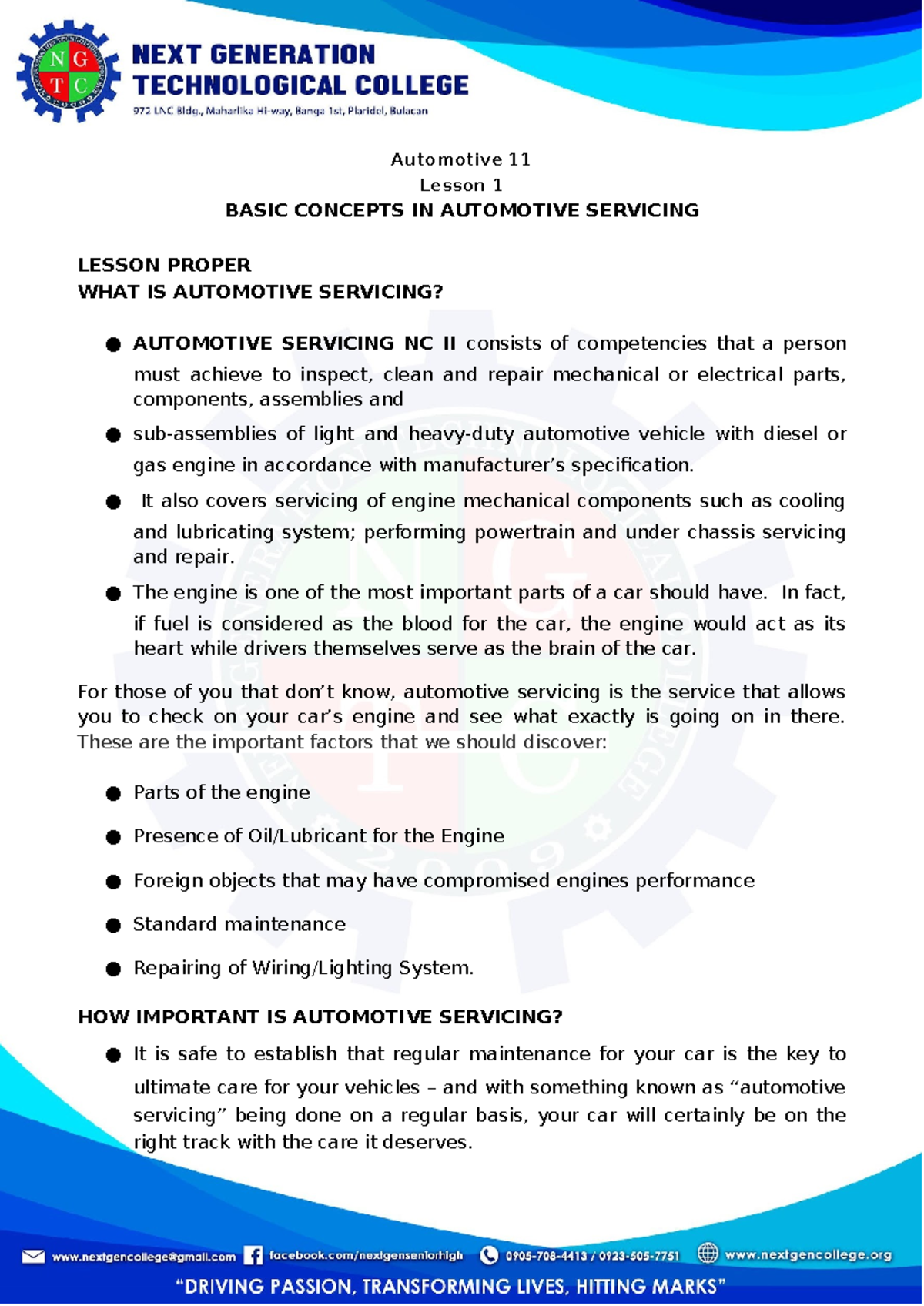 Lesson 1 Basic Concepts IN Automotive Servicing - Automotive 11 Lesson ...