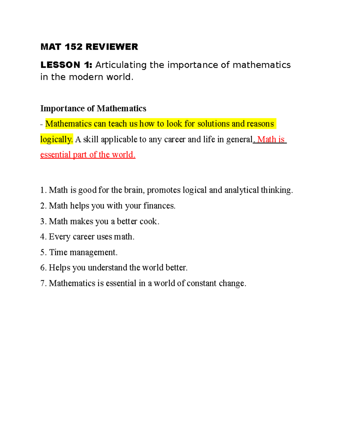 MAT 152 Reviewer p1 1stsem - MAT 152 REVIEWER LESSON 1: Articulating ...