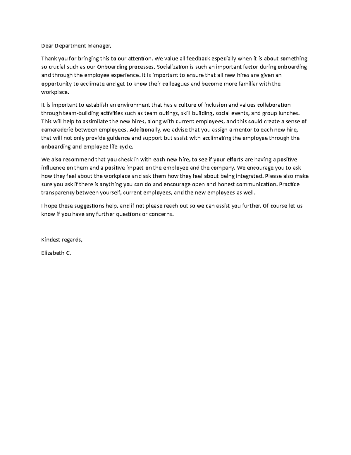 HR Inbox 6 - Dear Department Manager, Thank you for bringing this to ...