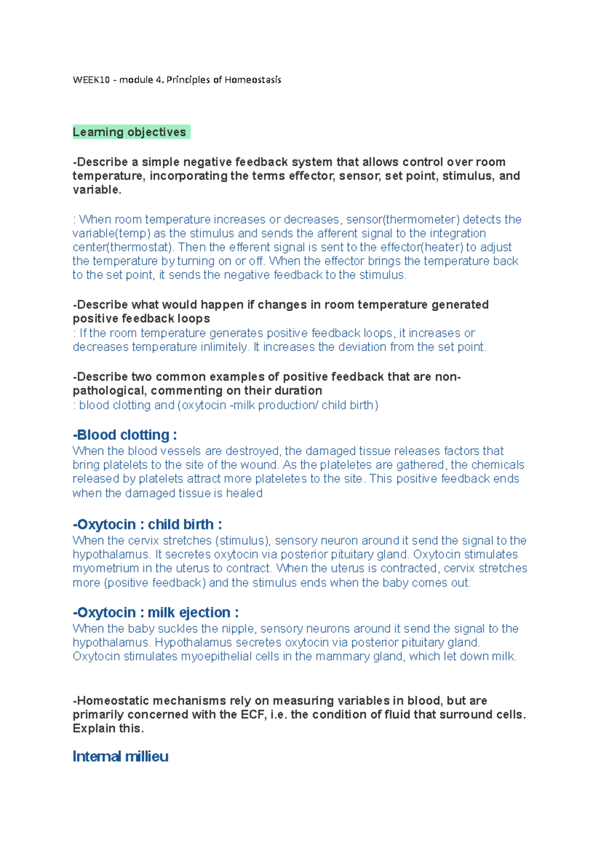 WEEK10 - Principles of Homeostasis Learning objectives -Describe a ...
