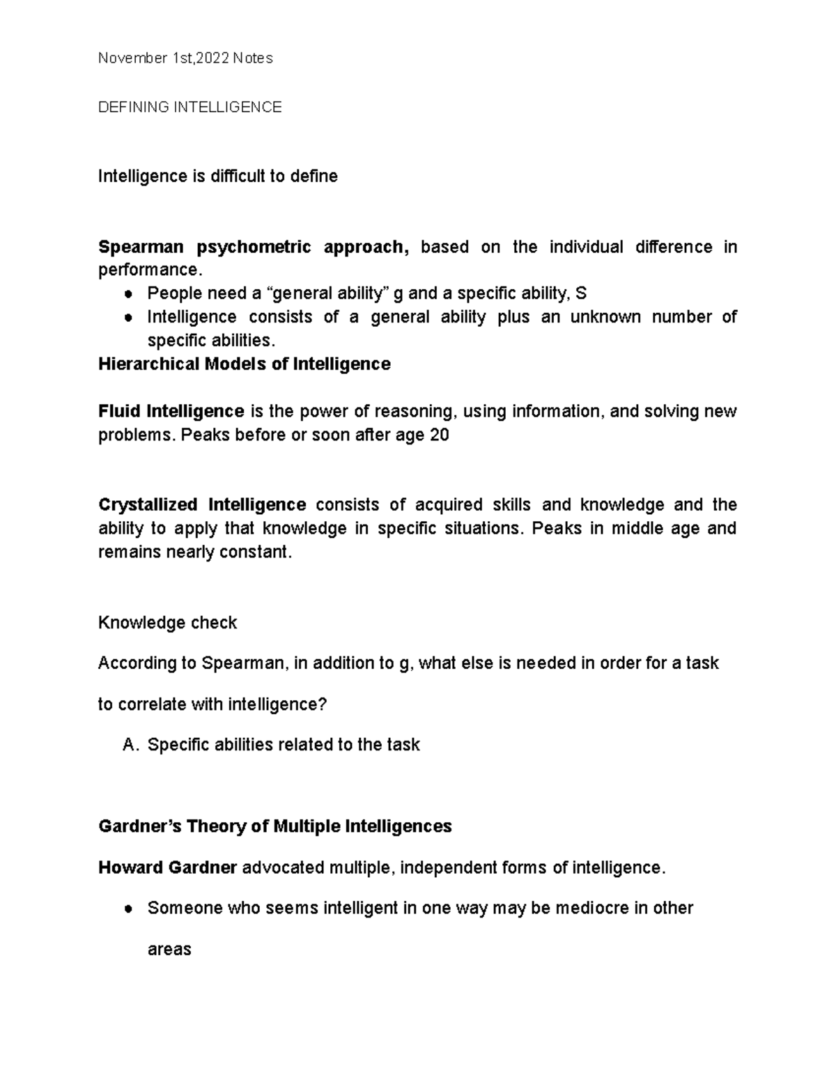 Defining Intelligence November 1st 2022 Notes Defining Intelligence