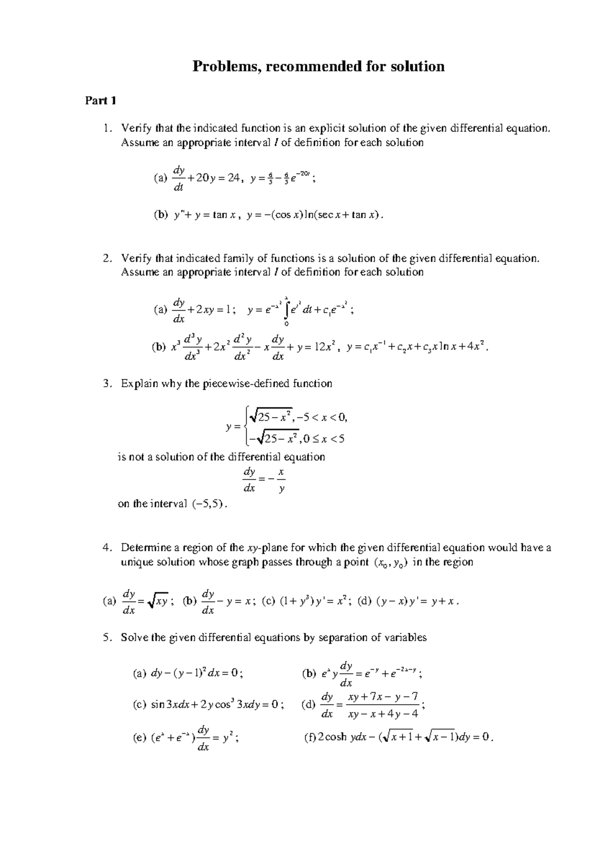 Special Assignment Engineering Mathematics 1 Problems Recommended For Solution Part 1 Verify