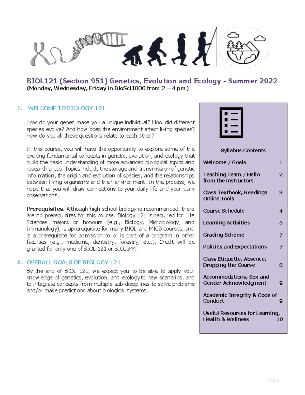 Syllabus BIOL121 951 2022 - BIOL121 (Section 951) Genetics, Evolution ...