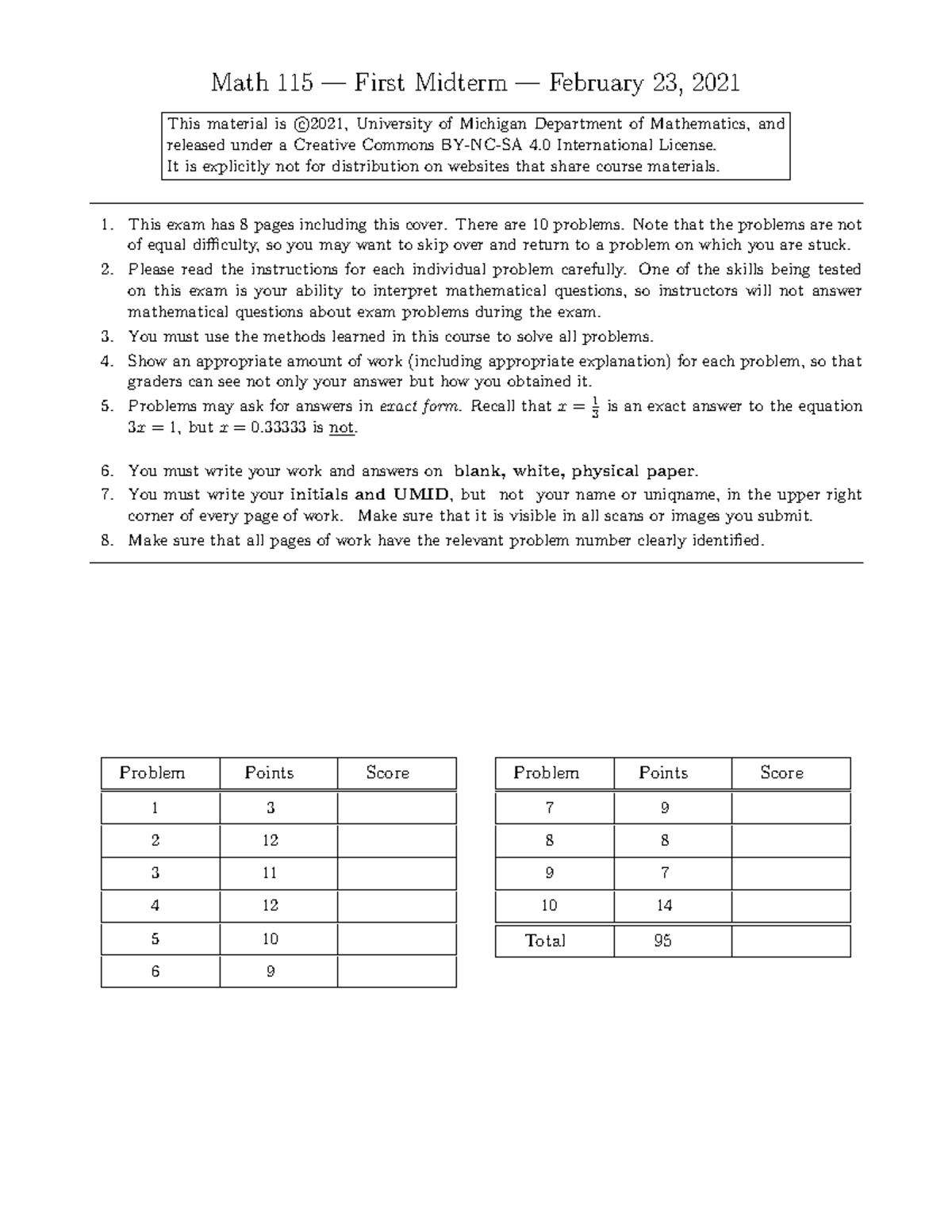 W21e1 - exam - Math 115 — First Midterm — February 23, 2021 This ...