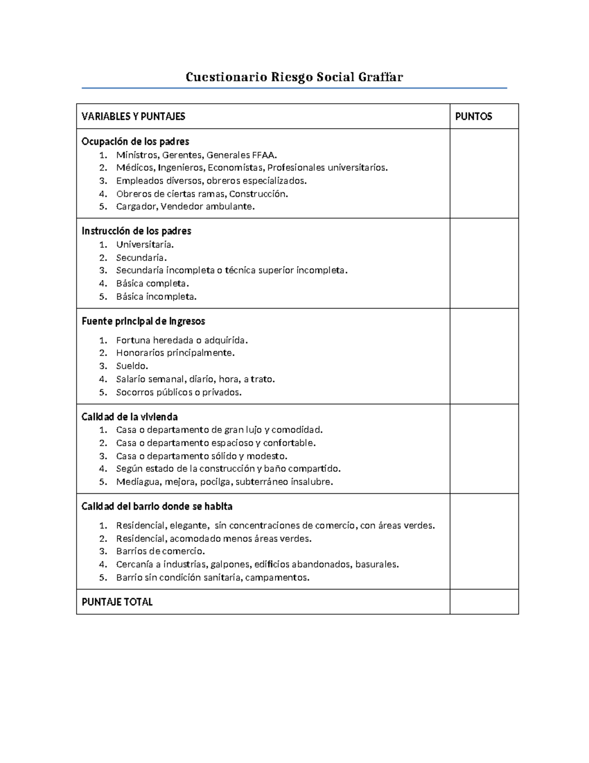 Cuestionario Riesgo social Graffar - Cuestionario Riesgo Social Graffar ...