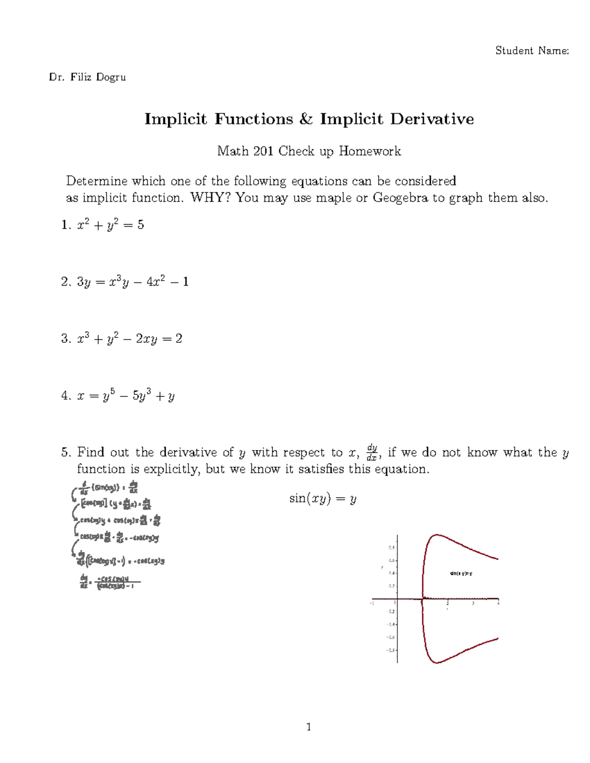 201-Implicit Derivative Preview Check up HW - Student Name: Dr. Filiz ...