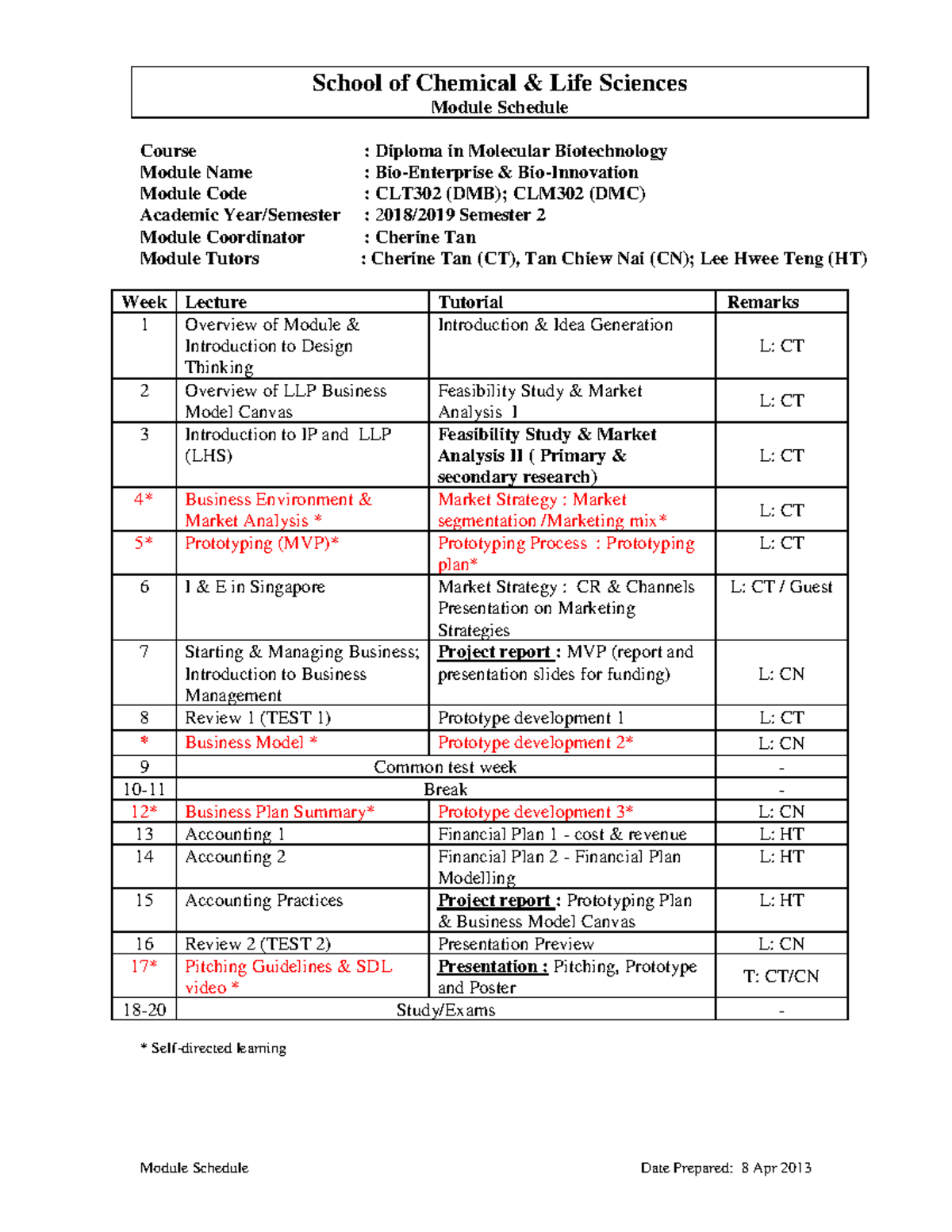 Module Schedule CLT302 AY2018 S2 Student - Module Schedule Date ...