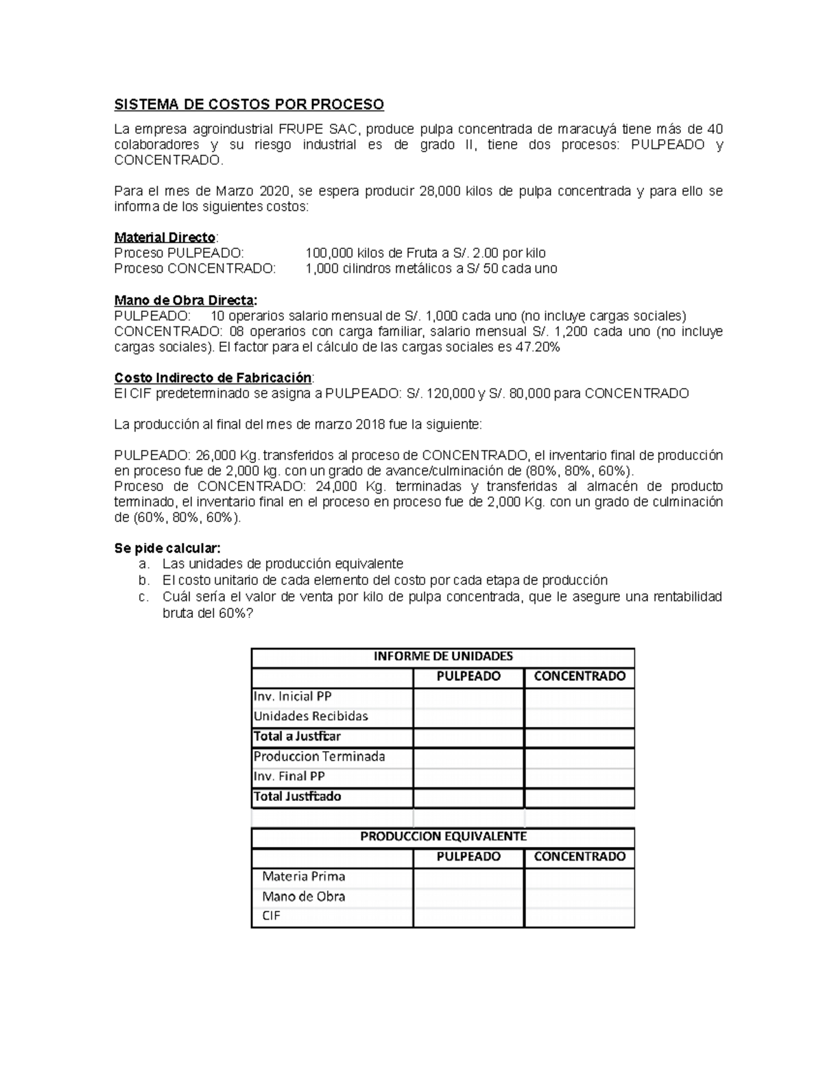 Caso Costos por Procesos Pulpeado - SISTEMA DE COSTOS POR PROCESO La empresa agroindustrial ...