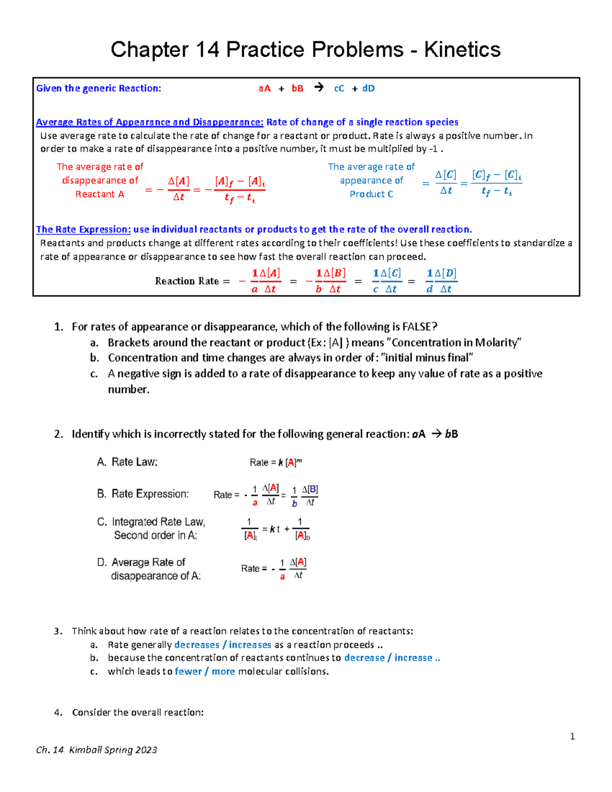 Ch14 Practice Problems - Rate is always a positive number. In order to ...
