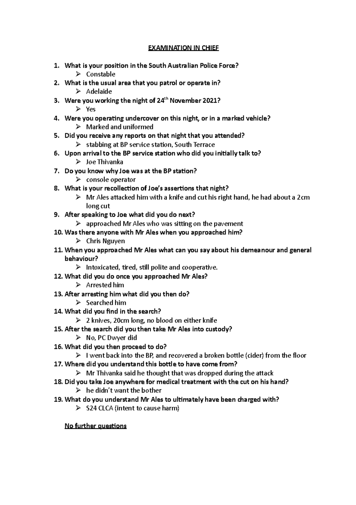 Evidence - Questions asked + expected answers for cross examination and ...