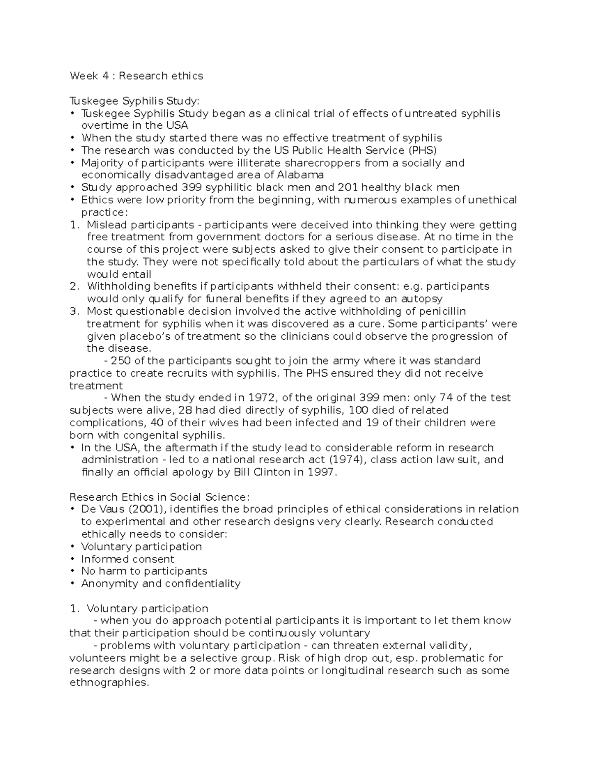 Week 4 - Lecture notes 4 - Week 4 : Research ethics Tuskegee Syphilis ...