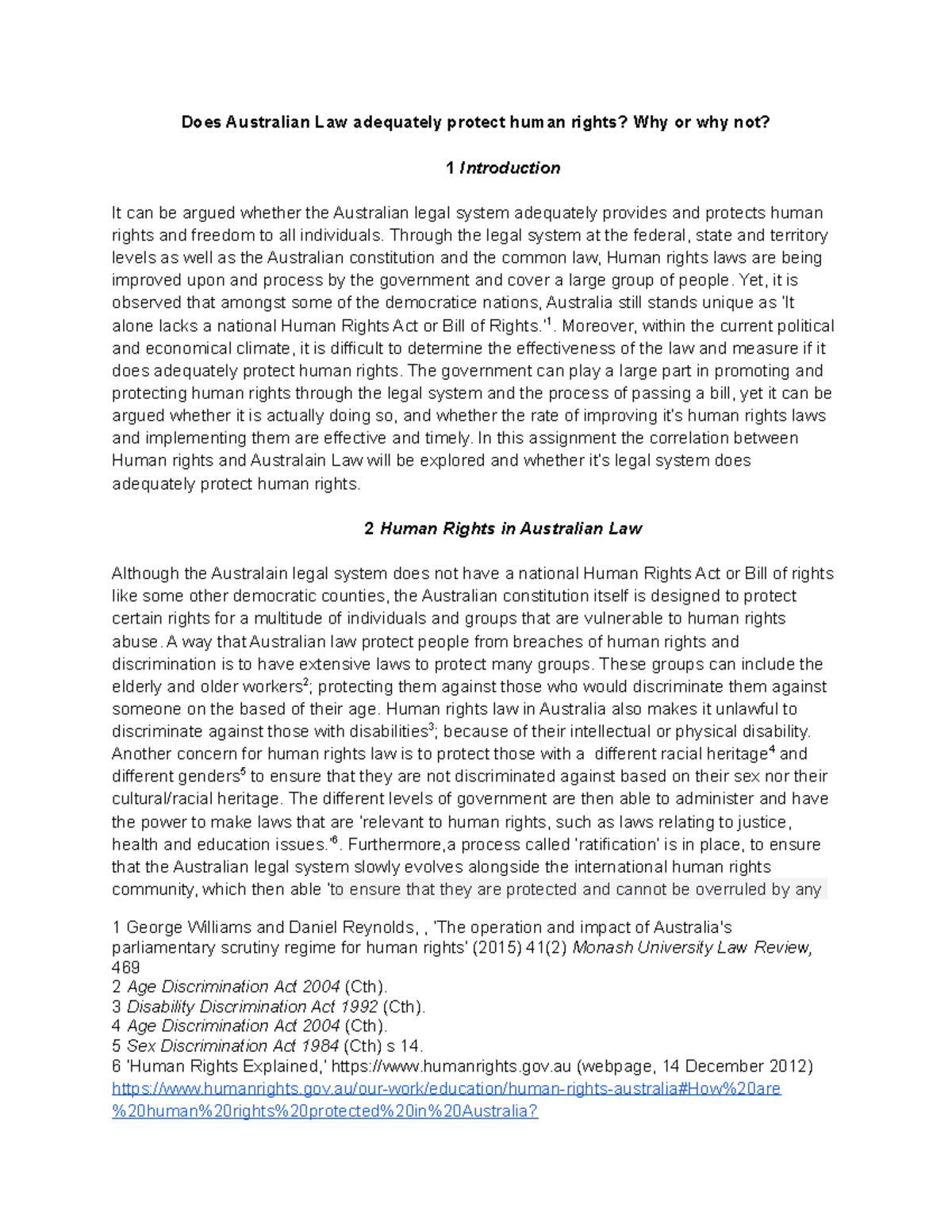 Does Australian Law adequately protect human rights - Assignment #2 ...