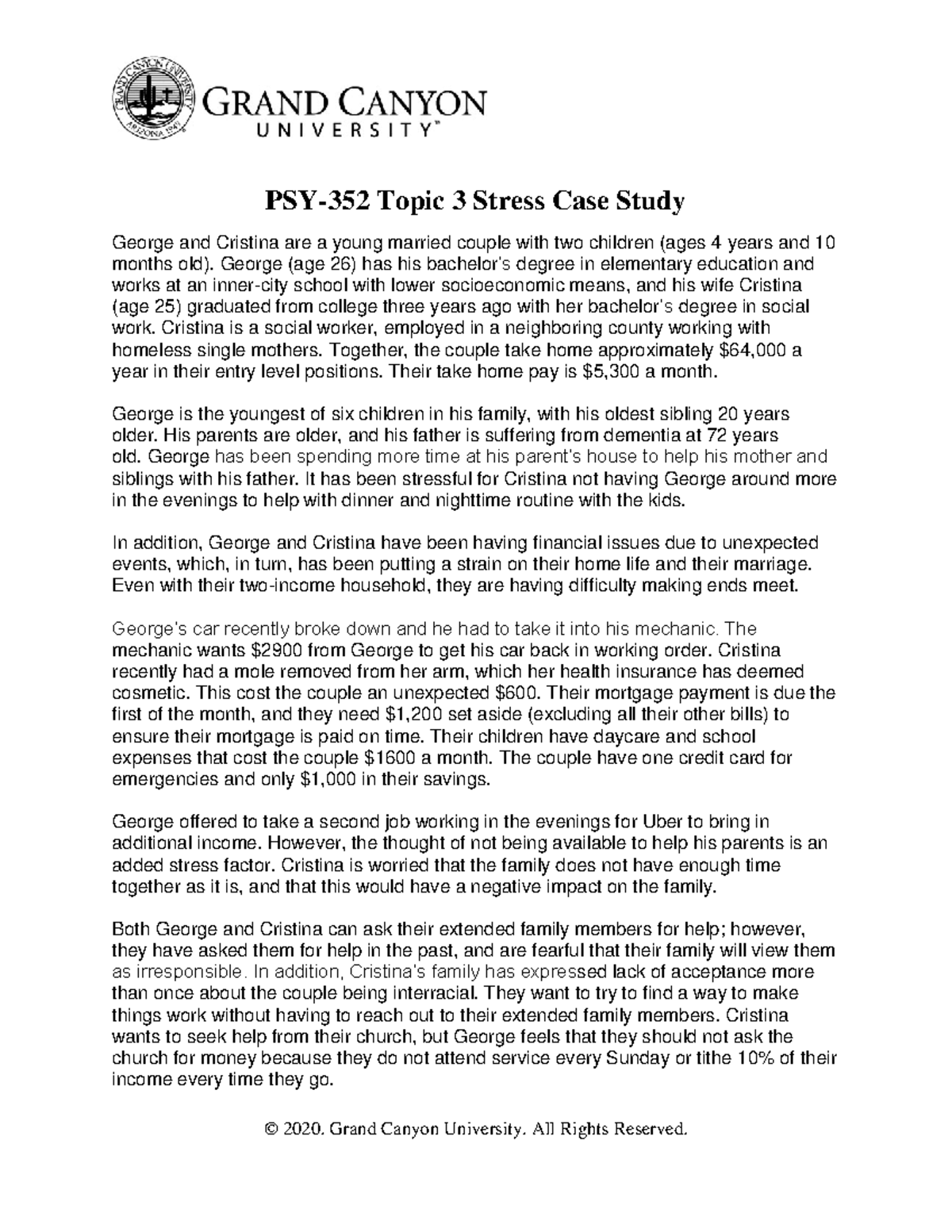 PSY-352-RS-T3-Stress Case Study - © 2020. Grand Canyon University. All ...
