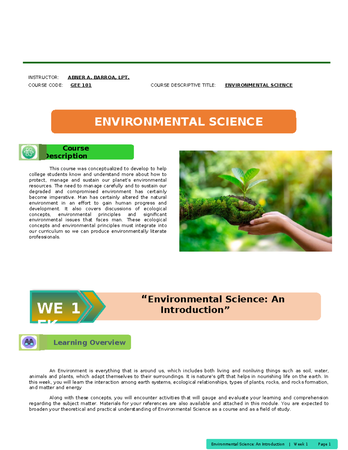 Unit 1 - Introduction to Environmental Science - ENVIRONMENTAL SCIENCE ...