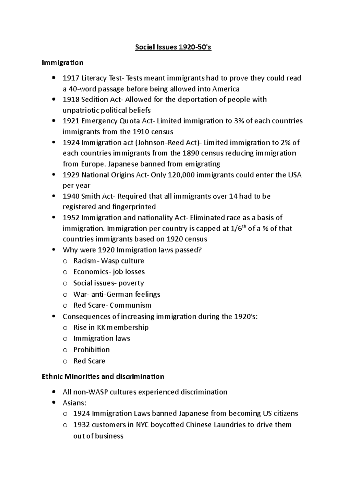 Social Issues 1920-50's notes - Social Issues 1920-50's Immigration ...