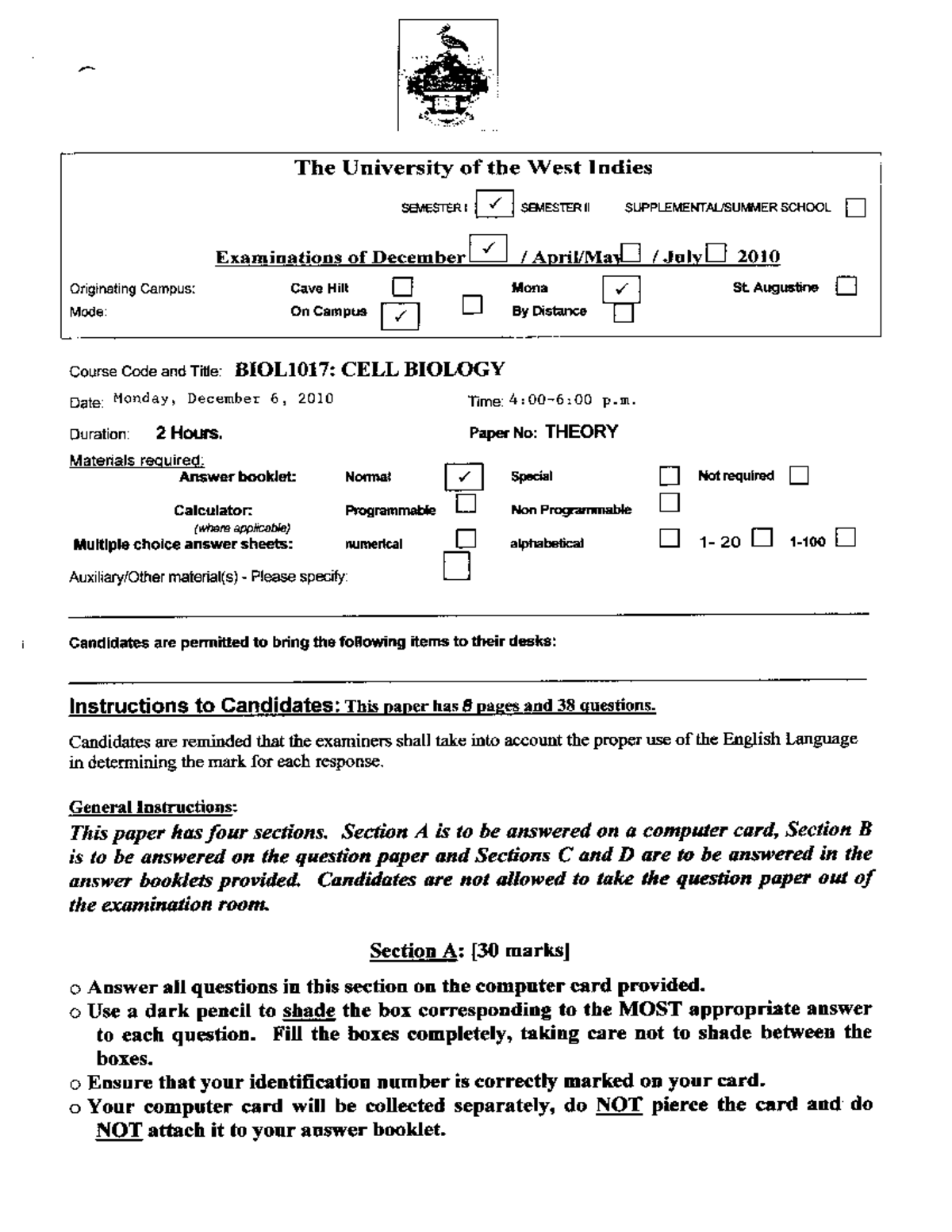 BIOL1017 06122010 - Test - Cell Biology - Studocu