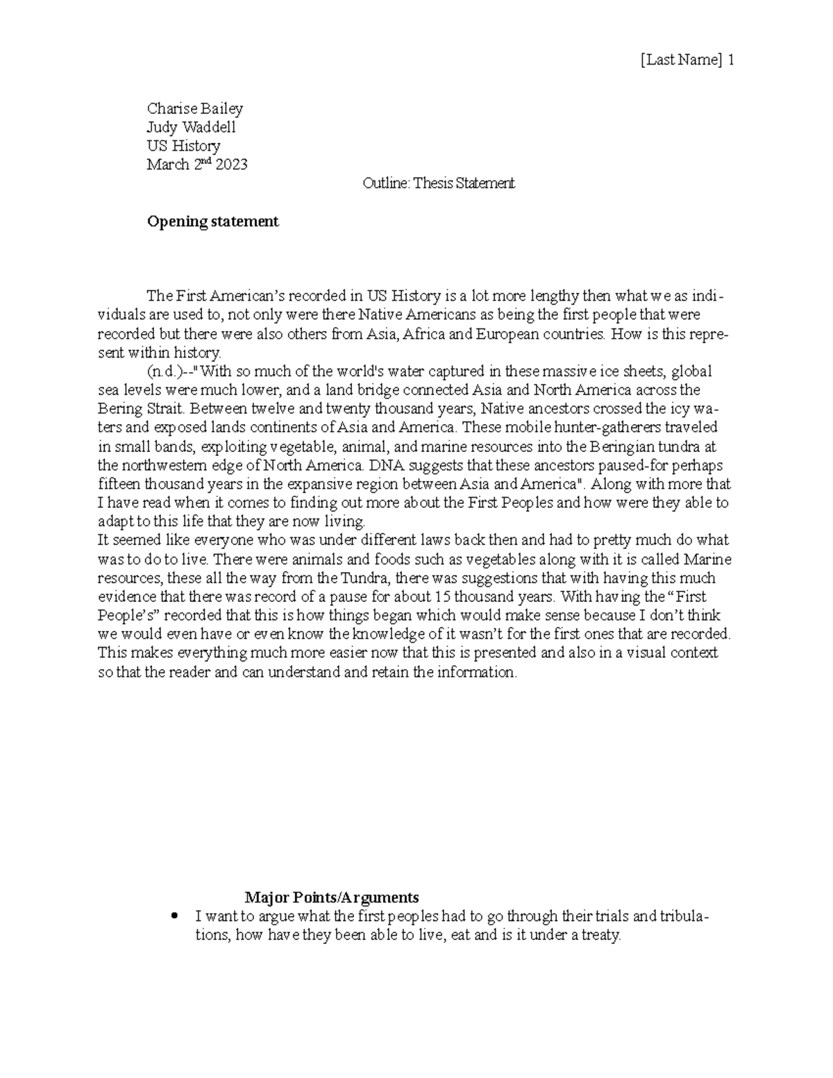 Outline Thesis Statement - [Last Name] 1 Charise Bailey Judy Waddell US ...