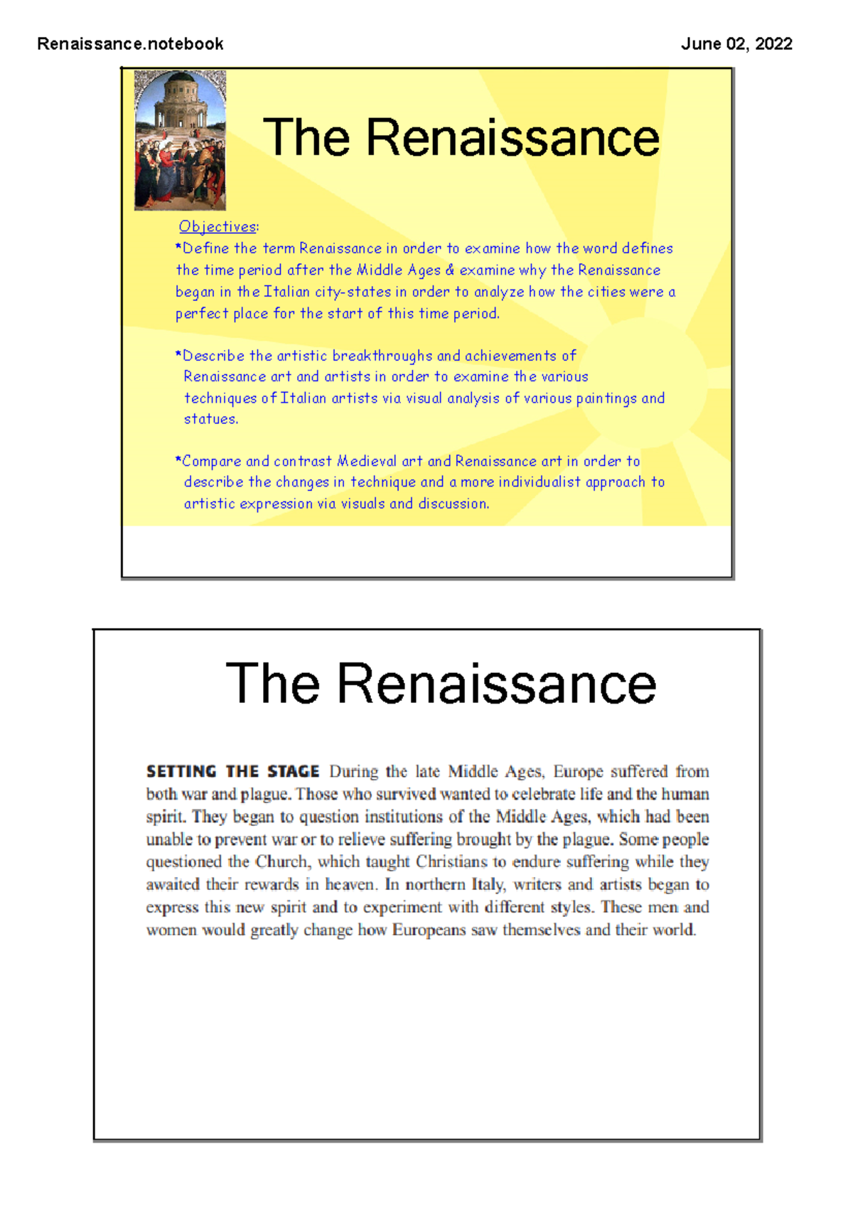 Renaissance Class Notes - Objectives: *Define the term Renaissance in ...