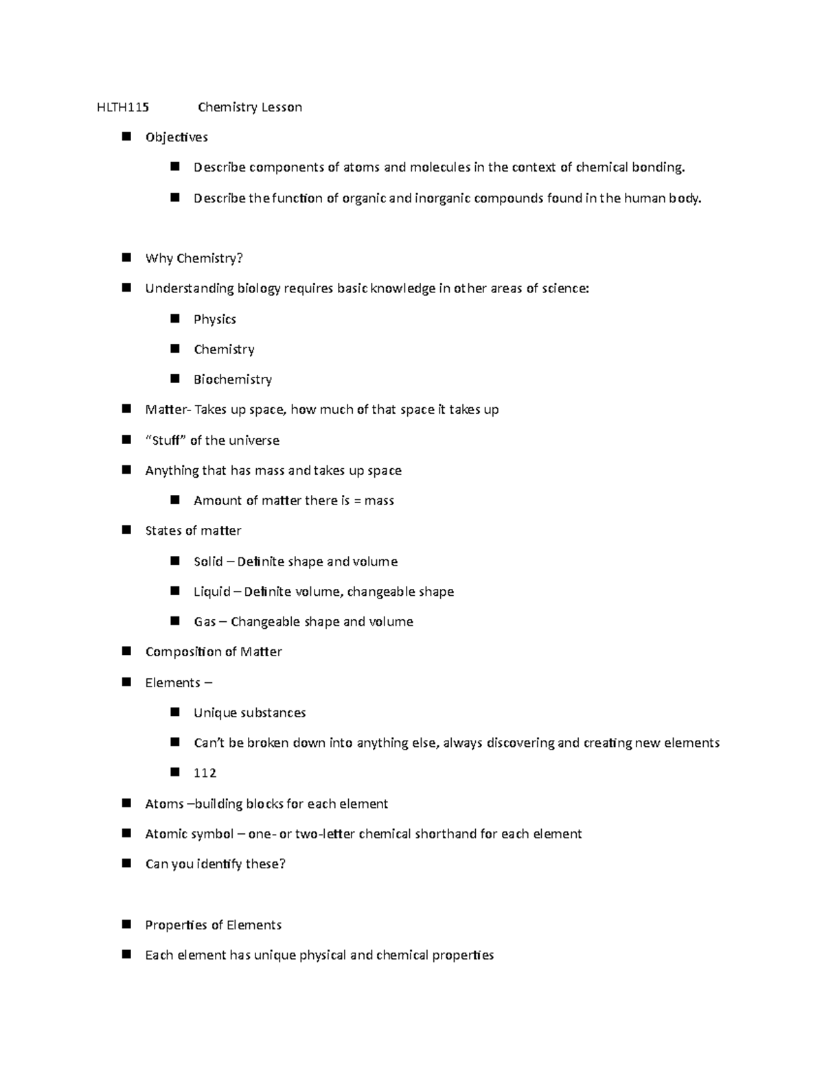 Chemistry Lesson Notes - HLTH115 Chemistry Lesson Objectives Describe ...