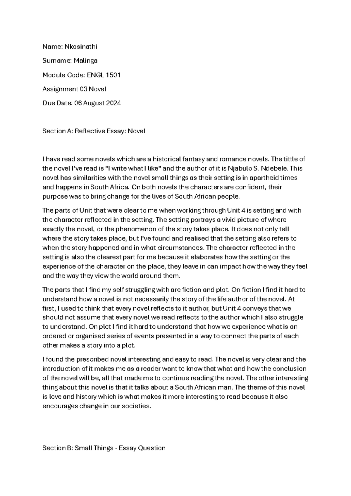 ENGL 1502 Assignment S-2 - Name: Nkosinathi Surname: Malinga Module ...