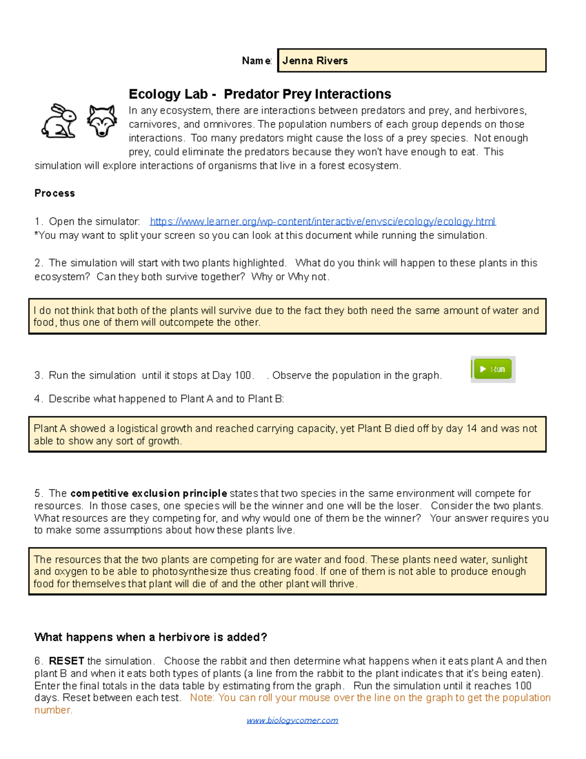 Jenna Rivers 22 - 17- Predator Prey Interactions - Name: Jenna Rivers ...