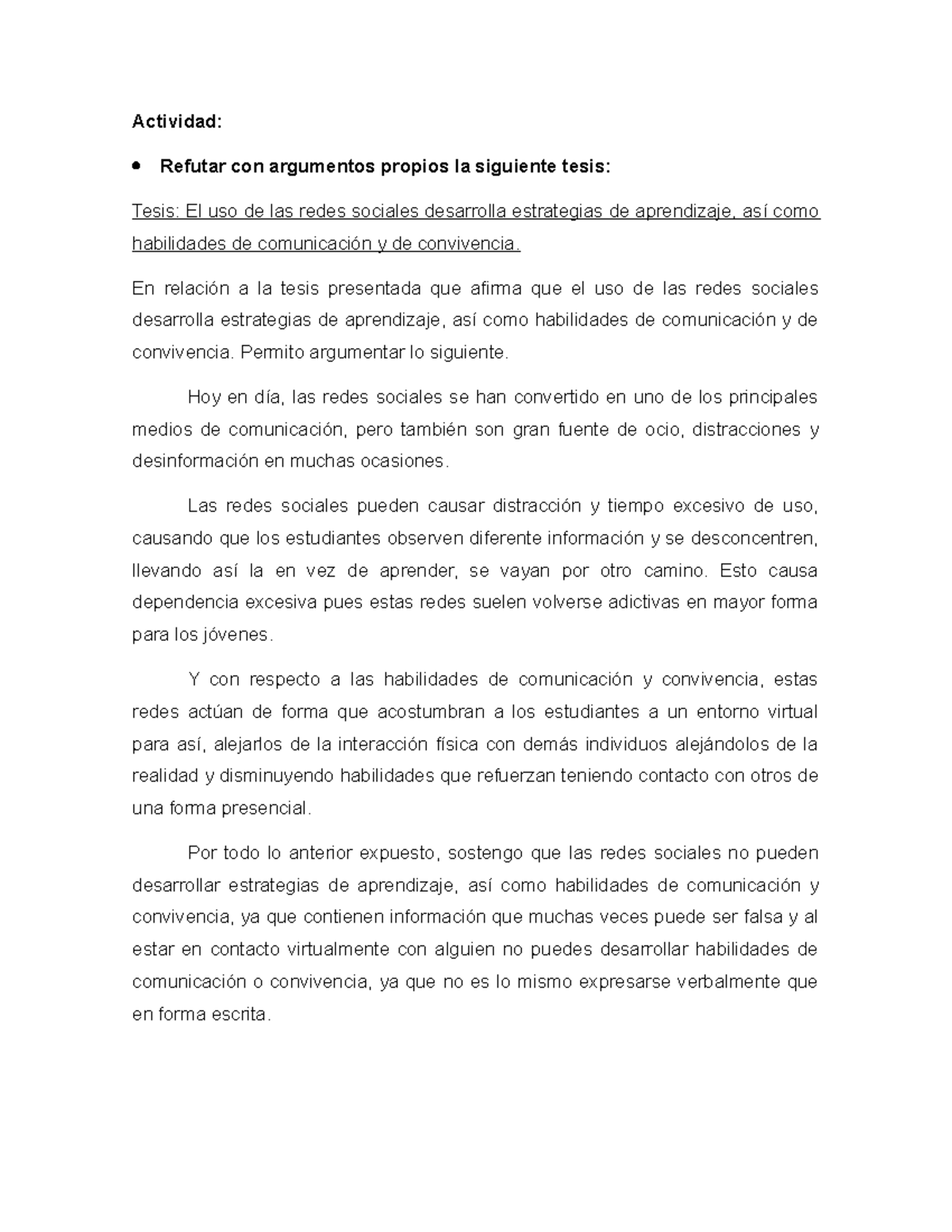 U3t5 - Actividad sobre refutar con argumentos propios la tesis ...
