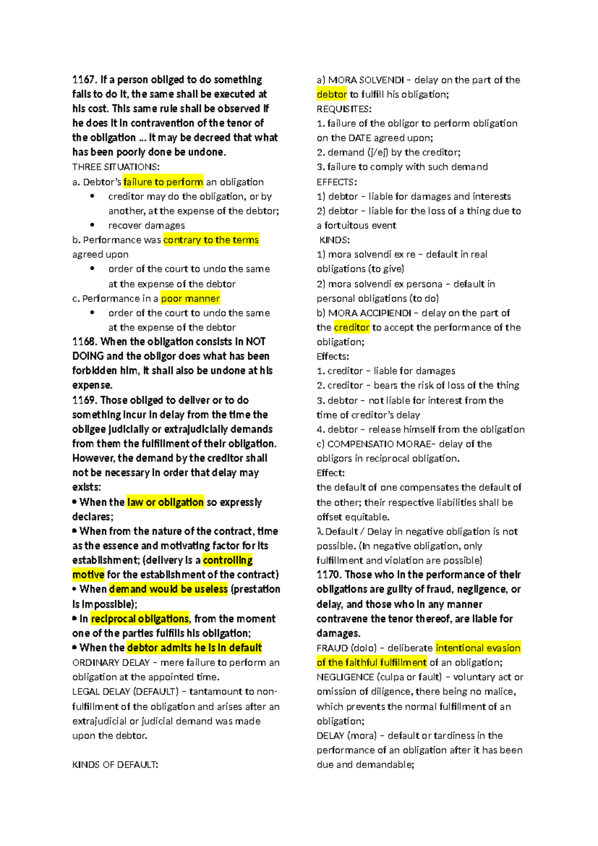 1167-1178 Notes on LAW - If a person obliged to do something fails to ...