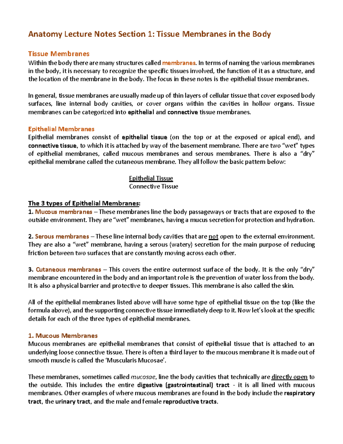 #3 Membranes Lect Notes - Anatomy Lecture Notes Section 1: Tissue ...