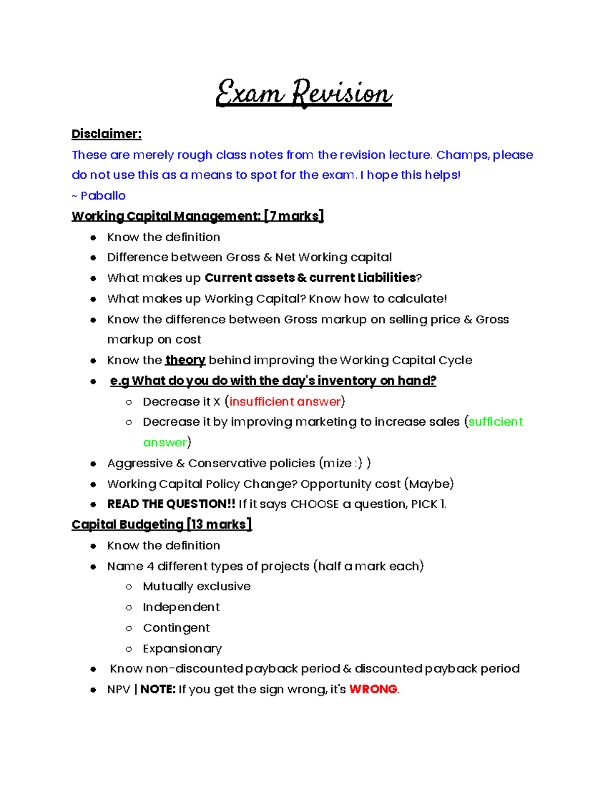 FTX2024S Exam Prep Notes - Exam Revision Disclaimer: These are merely ...