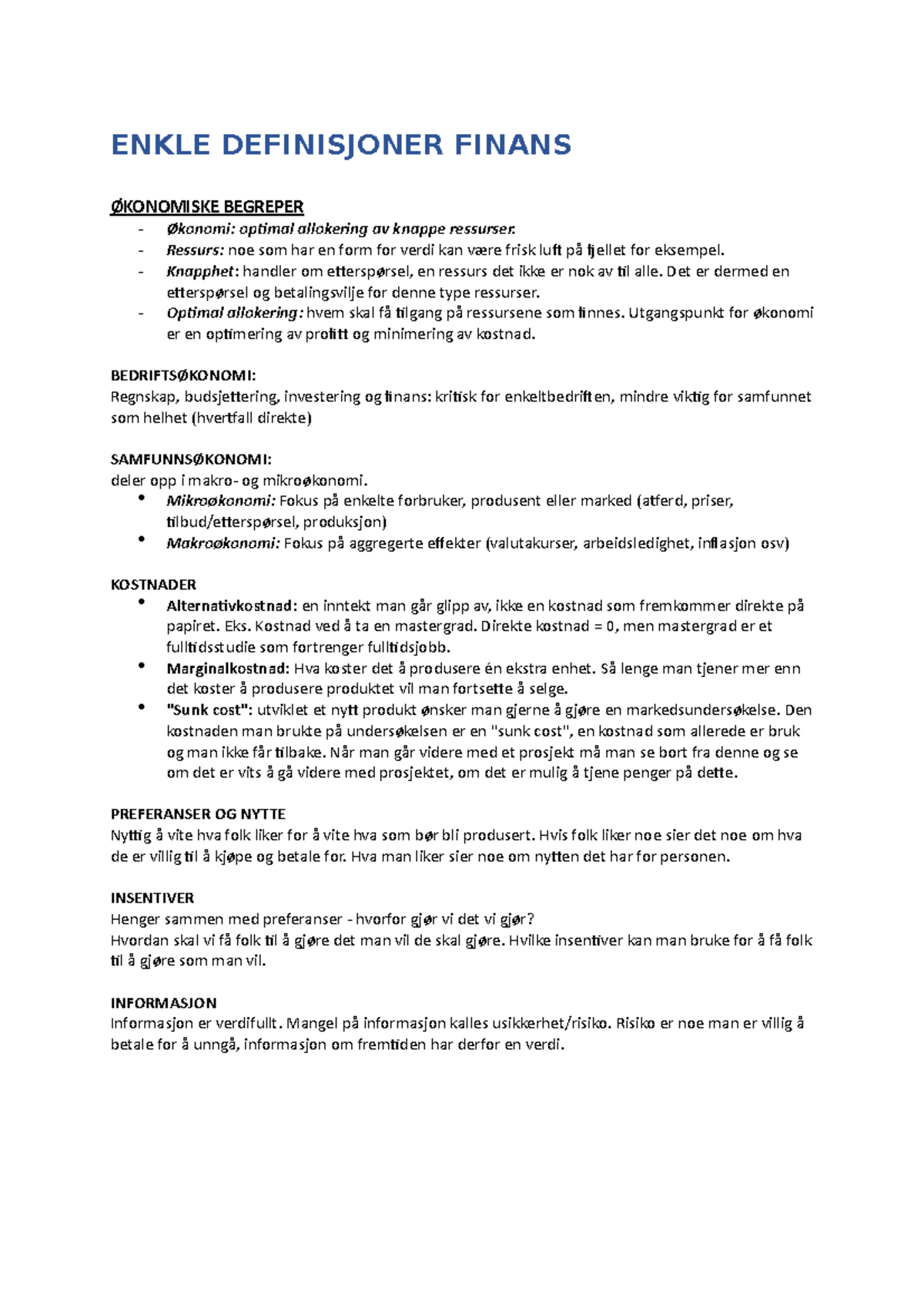 Enkle Definisjoner Finans - ENKLE DEFINISJONER FINANS ØKONOMISKE ...