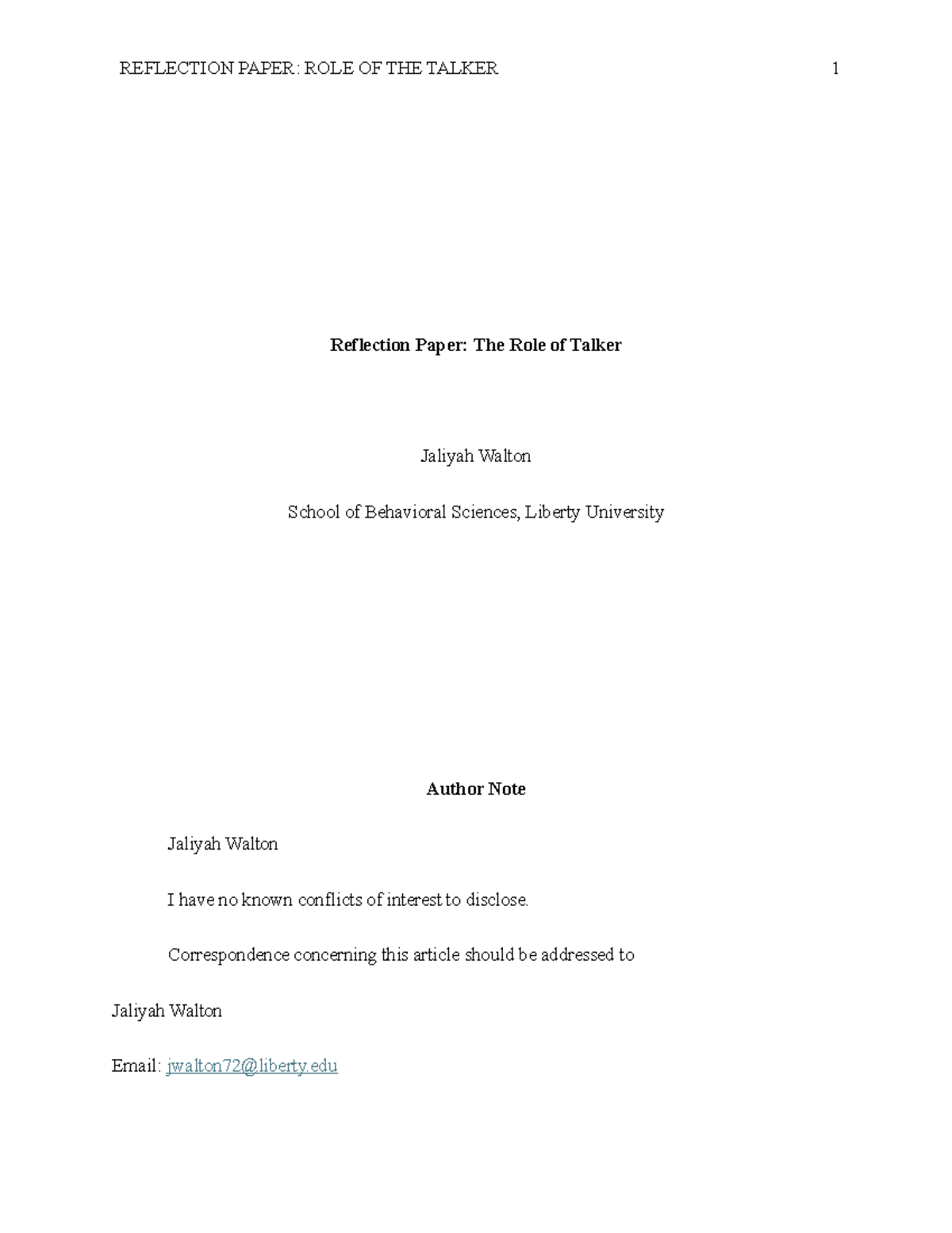 Reflection Paper Role of Talker - Reflection Paper: The Role of Talker Jaliyah Walton School of ...