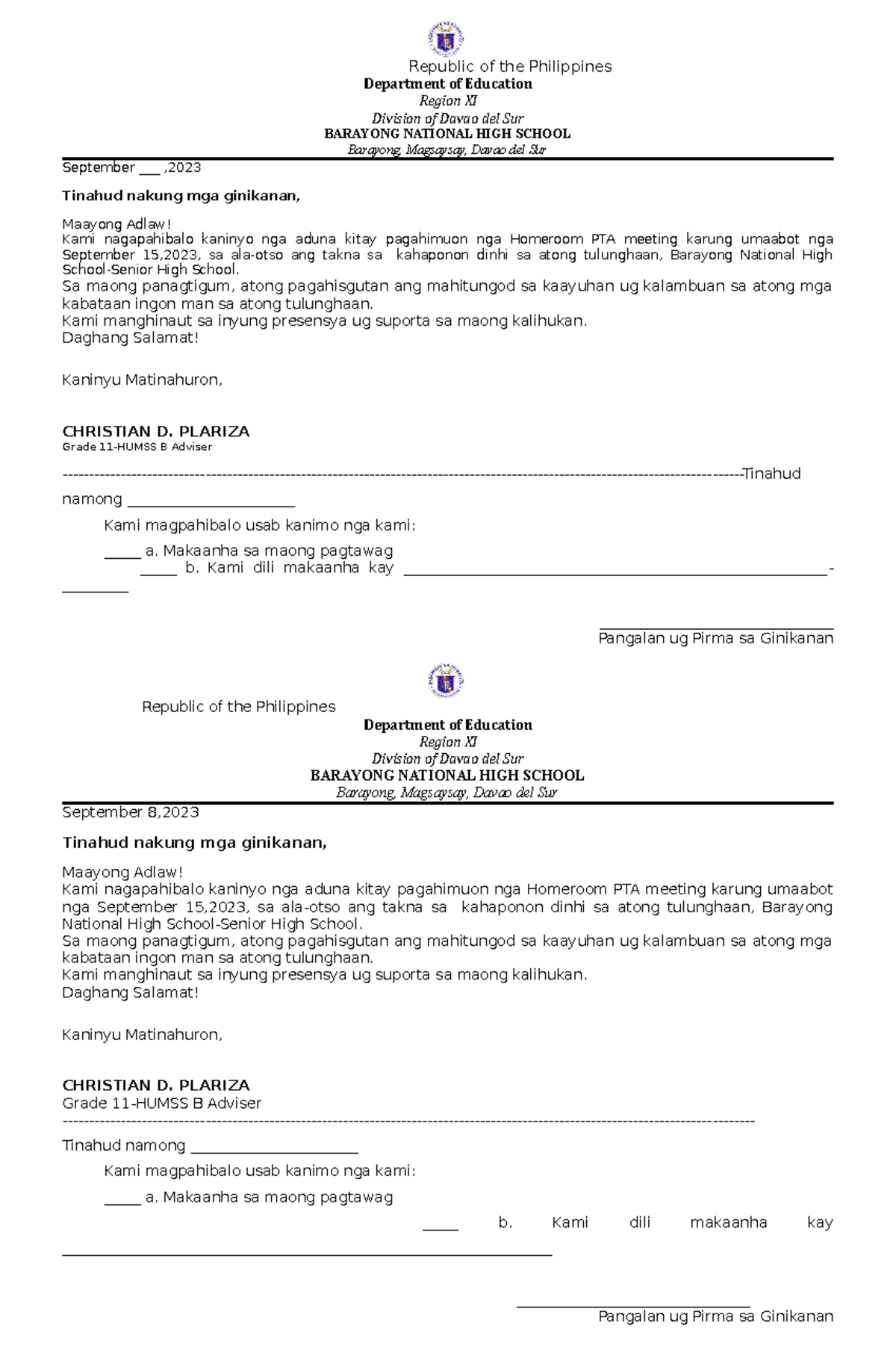 Letter to parent meeting - Republic of the Philippines Department of ...