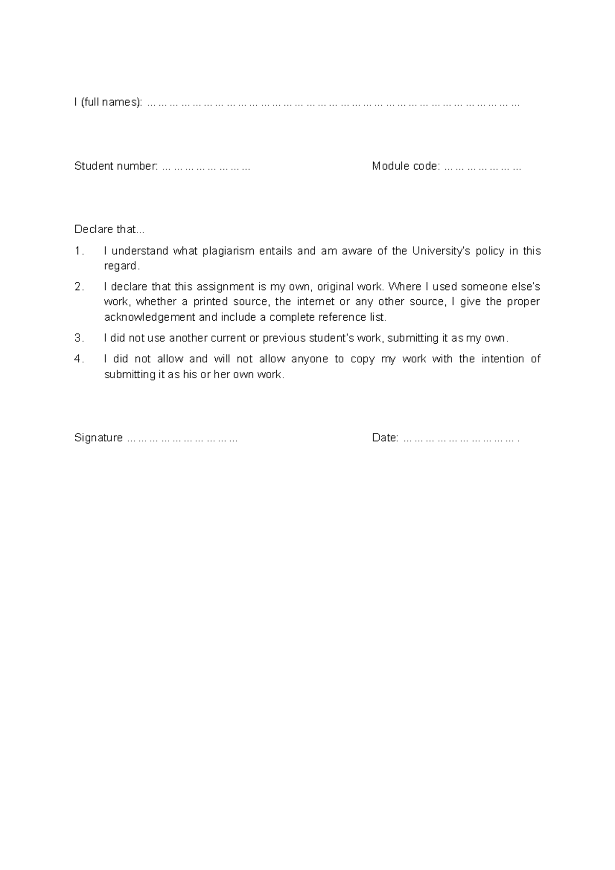 CEDU Student Declaration of Academic Honesty Form 2022 - I (full names ...