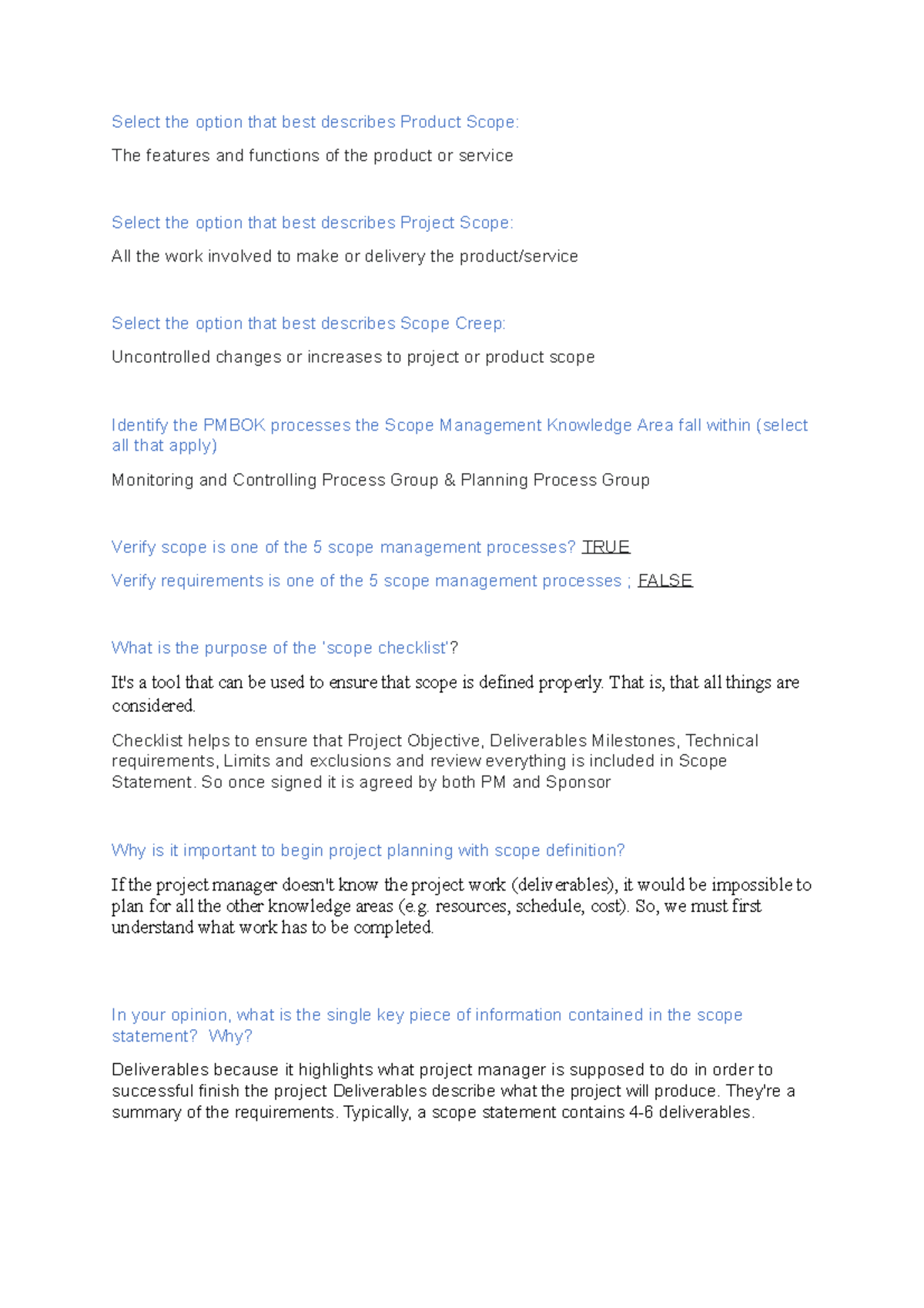 Scope- Mid term notes - Select the option that best describes Product ...