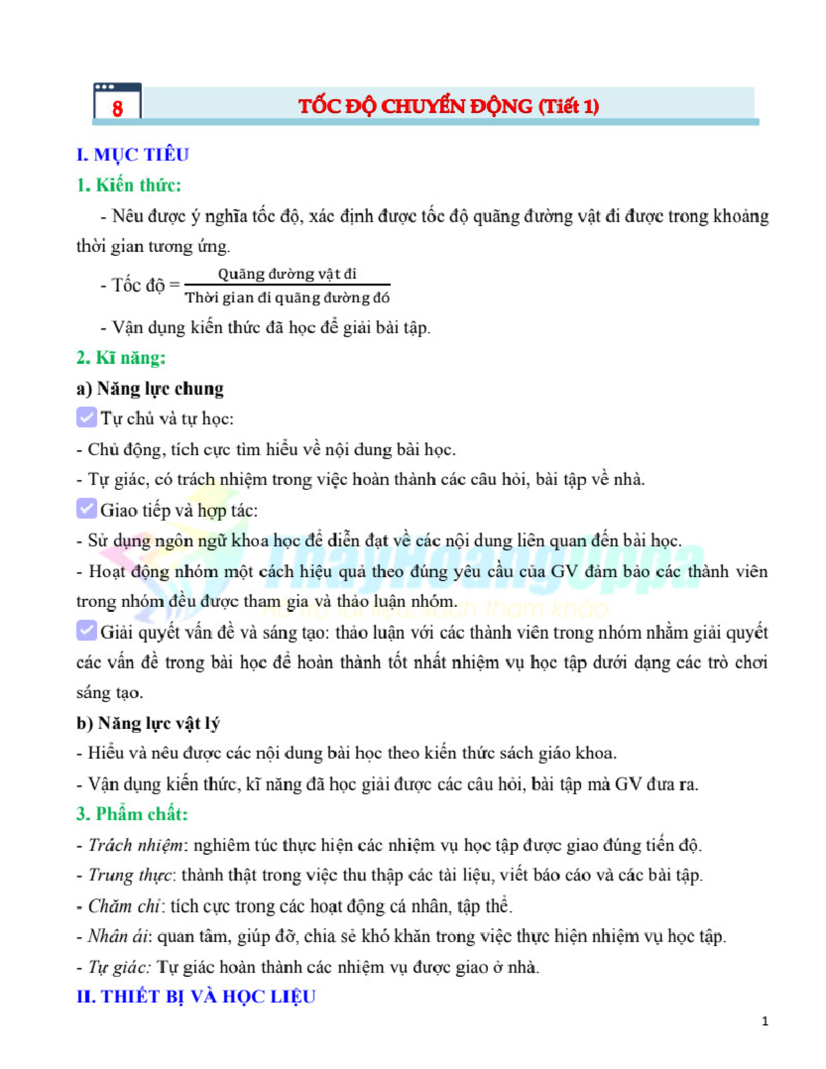 Bai-8-toc-do 1600 pdf - KHBD - 8 TÓC DÔ CHUYÉN DÔNG (Tiet 1) I. MUC TIÊU 1. Kién thúc: Nêu duoc ...